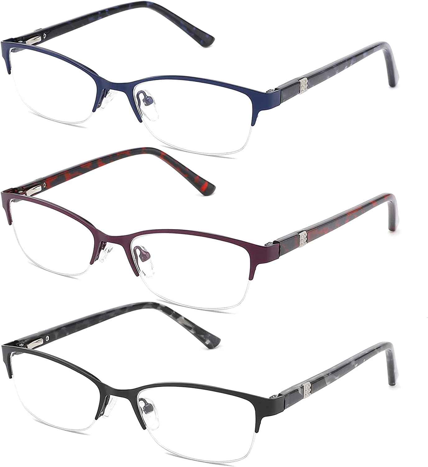 3-Pack Reading Glasses for Women Blue Light Blocking Metal Half Frame ...