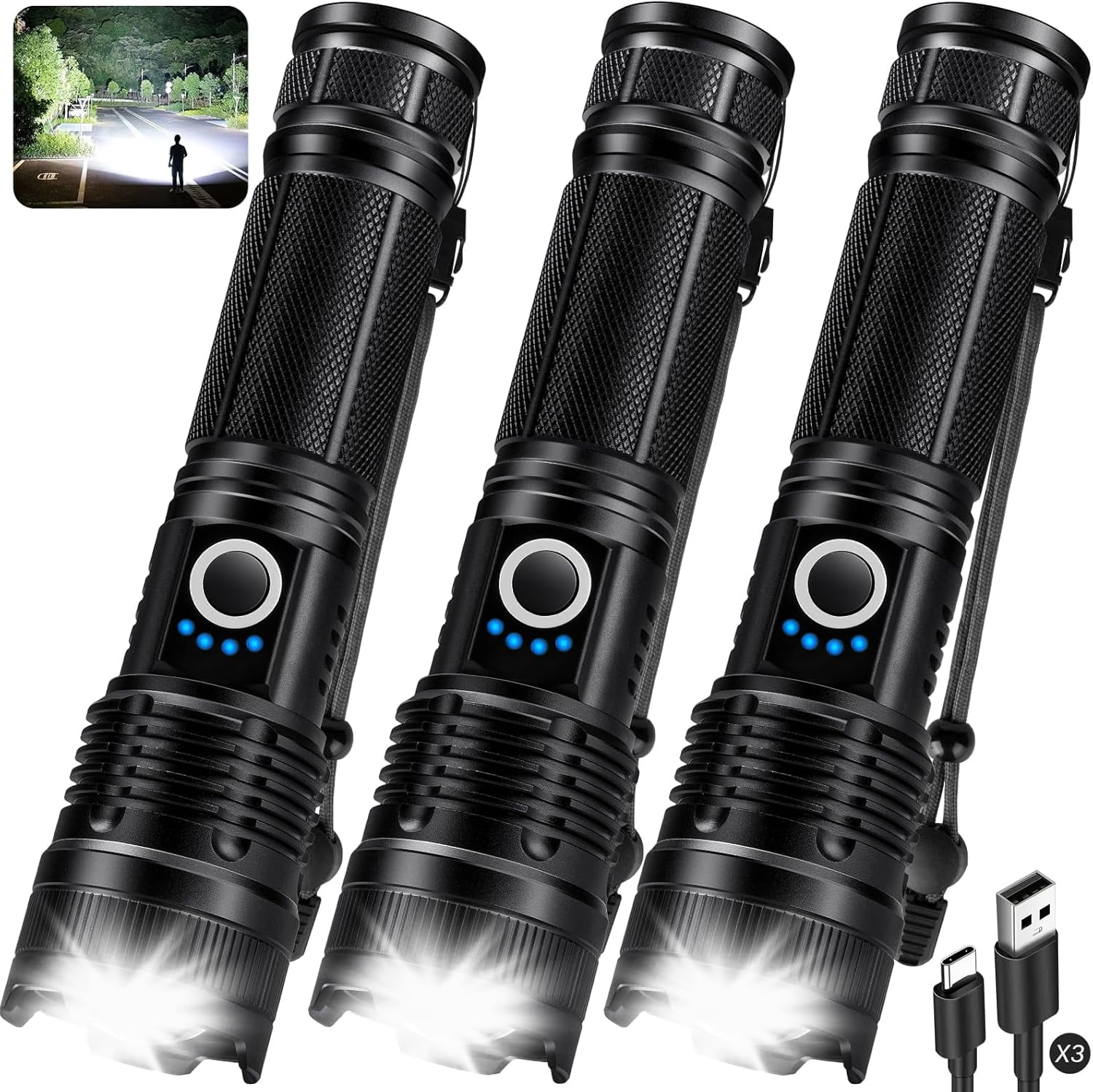 3-Pack Rechargeable LED Flashlight with Indicator, 90,000 High Lumens ...