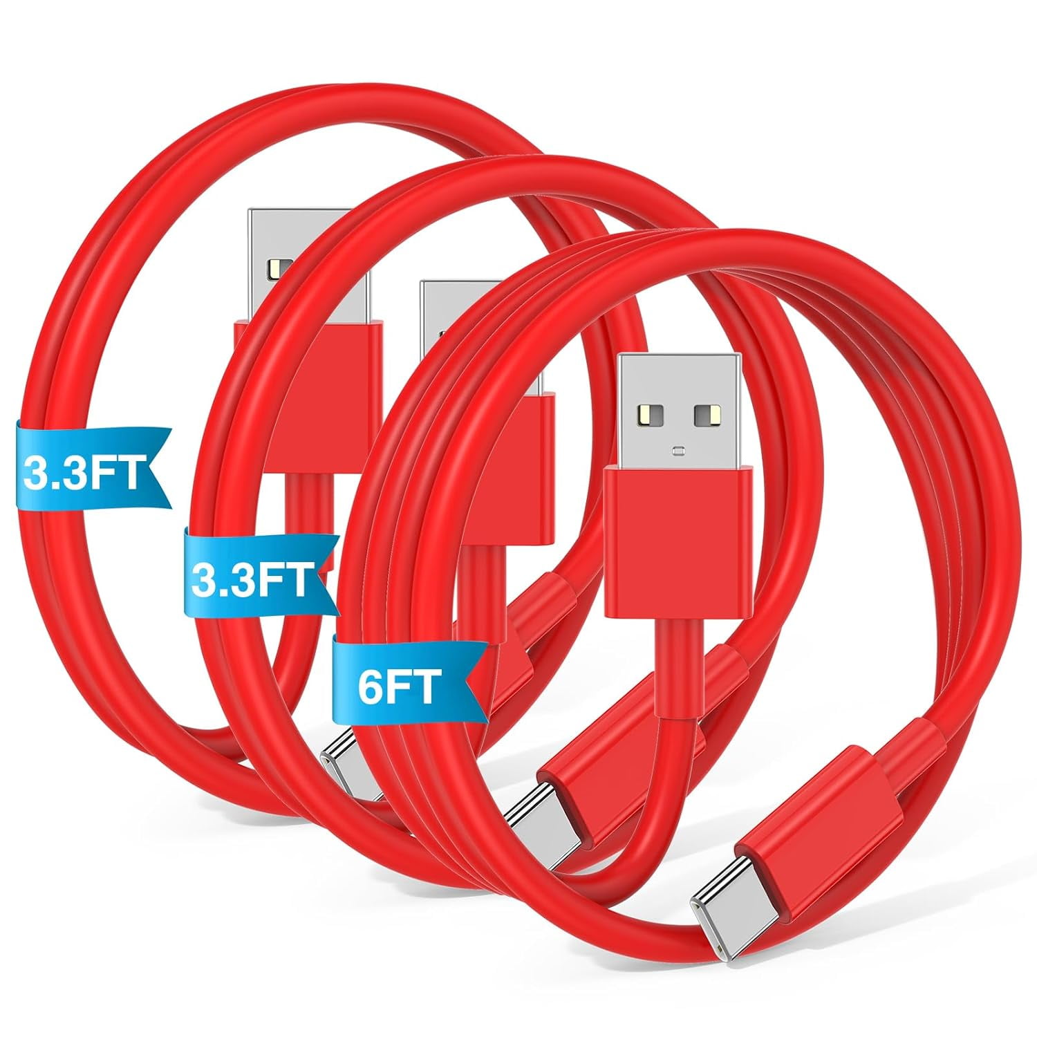3-Pack Red [3.3FT+3.3FT+6FT] USB A to USB C Cable，USB to USB C Car ...
