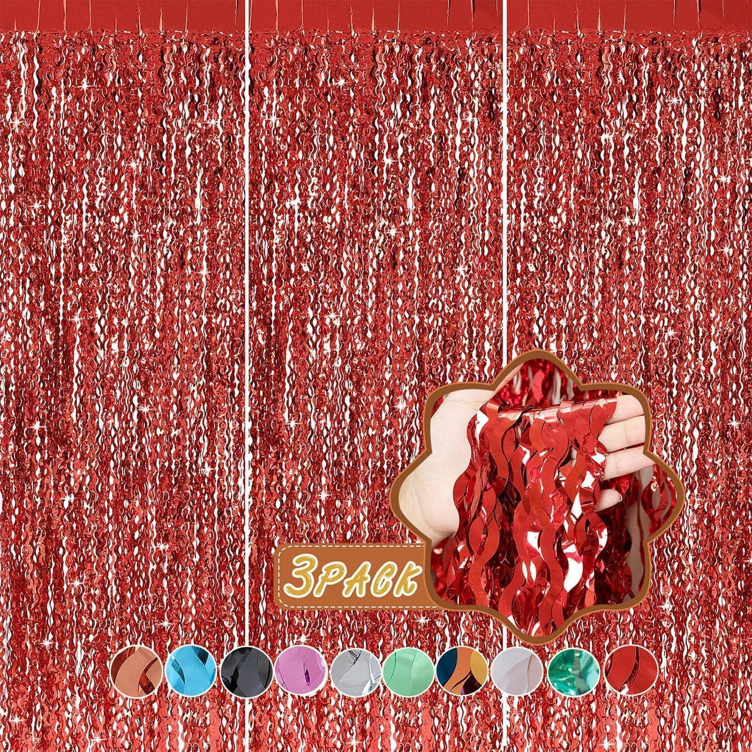 3 Pack Red Aluminium Foil Curtains, 3.3ft x 6.6ft, Wavy Shape, for ...