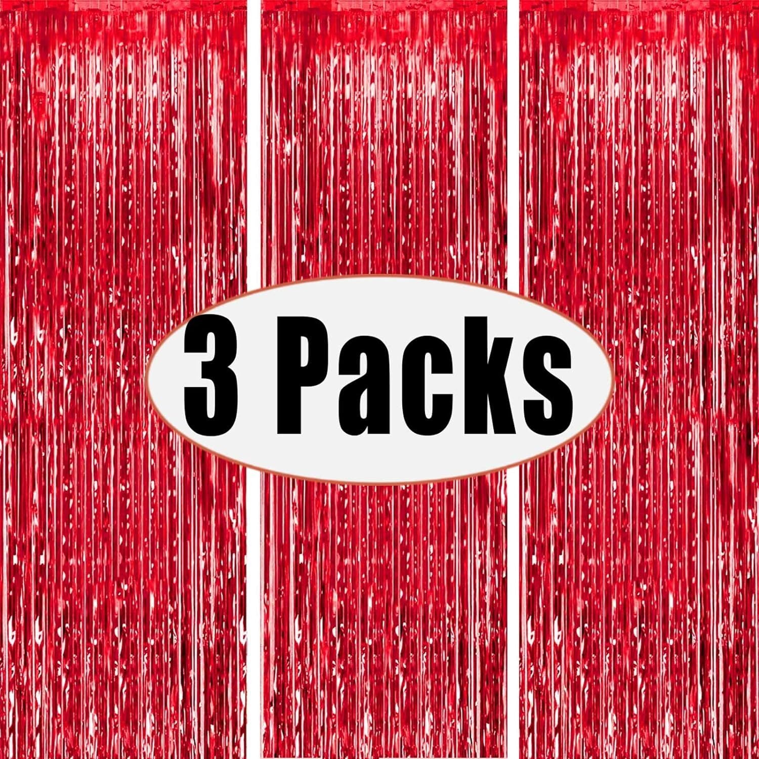 3 Pack Red Metallic Tinsel Foil Fringe Curtains Backdrop, 3.3 ft x 6.6 ...
