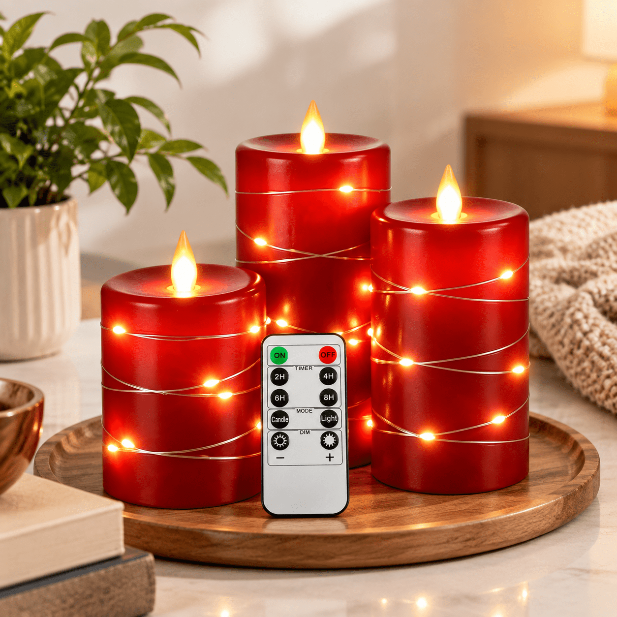3 Pack Red Real Waxless Taper Candles Realistic Flickering Led With ...