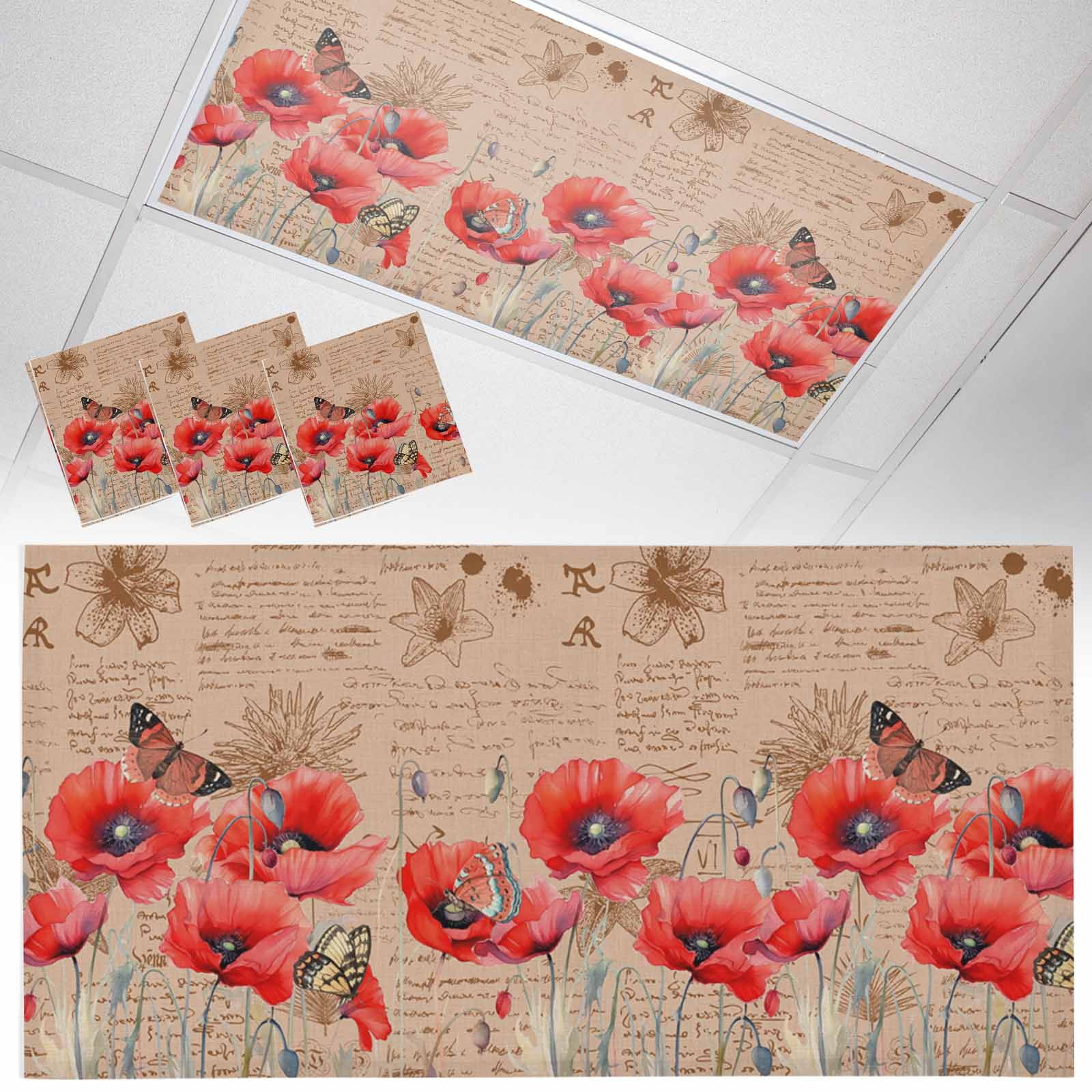 3 Pack Retro Red Fluorescent Light Covers for Ceiling Lights Poppy Plant Flower Butterfly ...