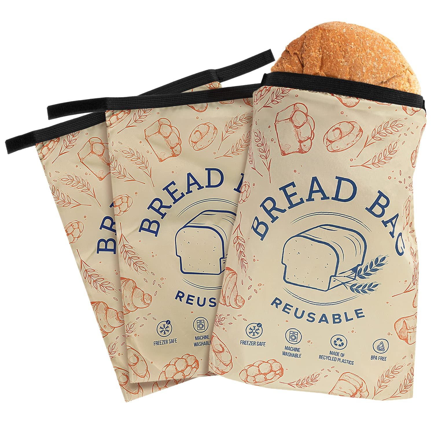 [3 Pack] Reusable Bread Bags - Double Seal Bread Freezer Bags to Lock ...
