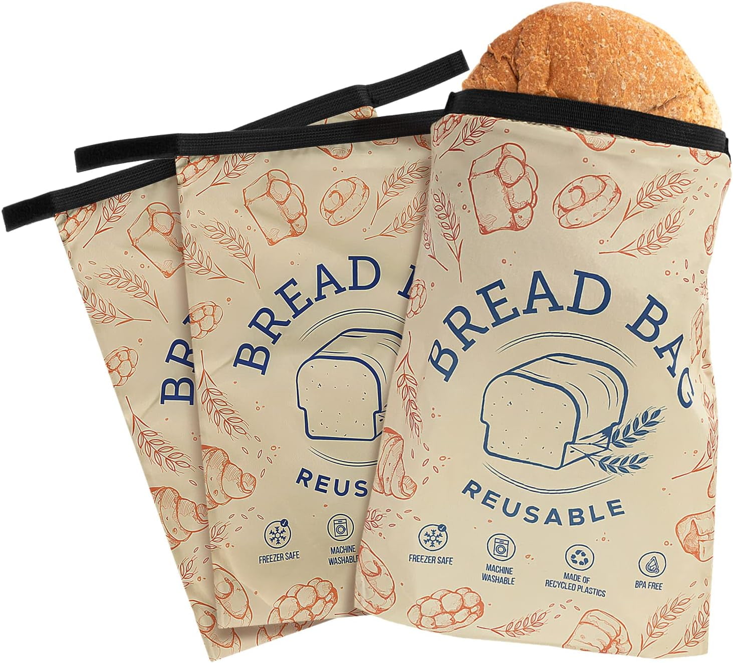 [3 Pack] Reusable Bread Bags for Homemade Bread - Double Seal Bread ...
