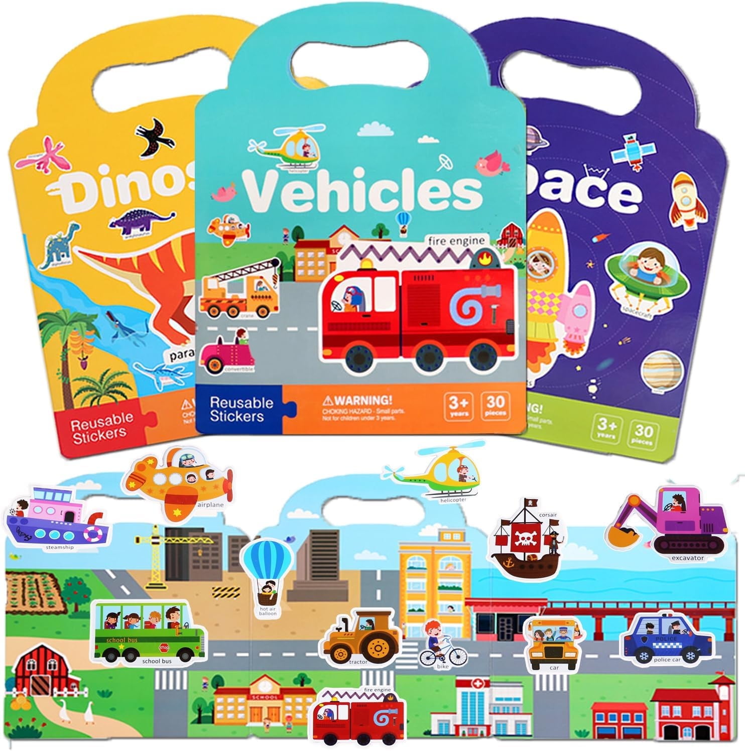 3 Pack Reusable Sticker Books for Toddlers 2-4 Years, Vehicles Space ...
