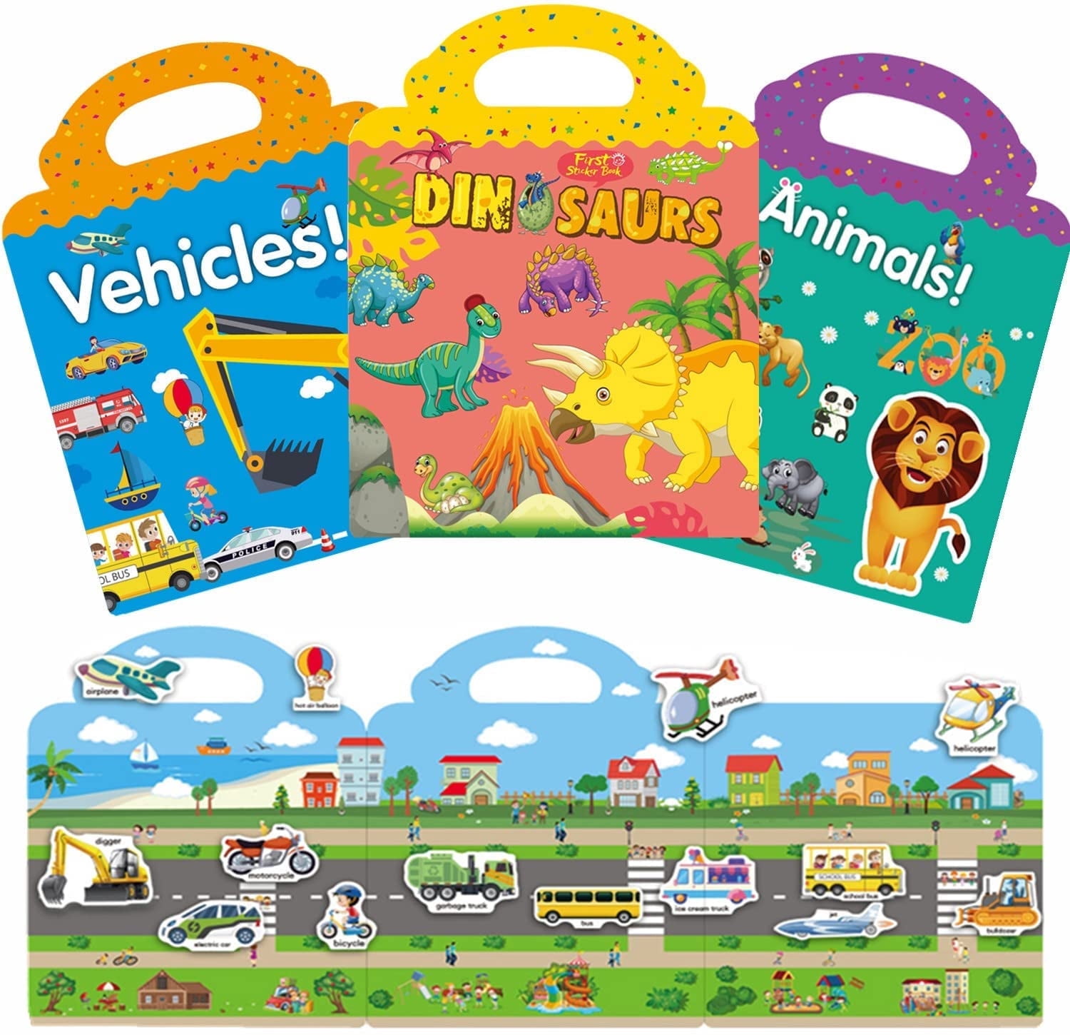 Sytle-Carry Reusable Dinosaur Vehicle Animal Sticker Books for Kids ...