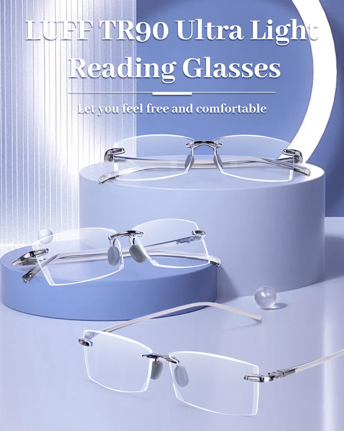3 Pack Rimless Reading Glasses Men Women- Comfortable Frameless Reader Lightweight TR90 Blue ...