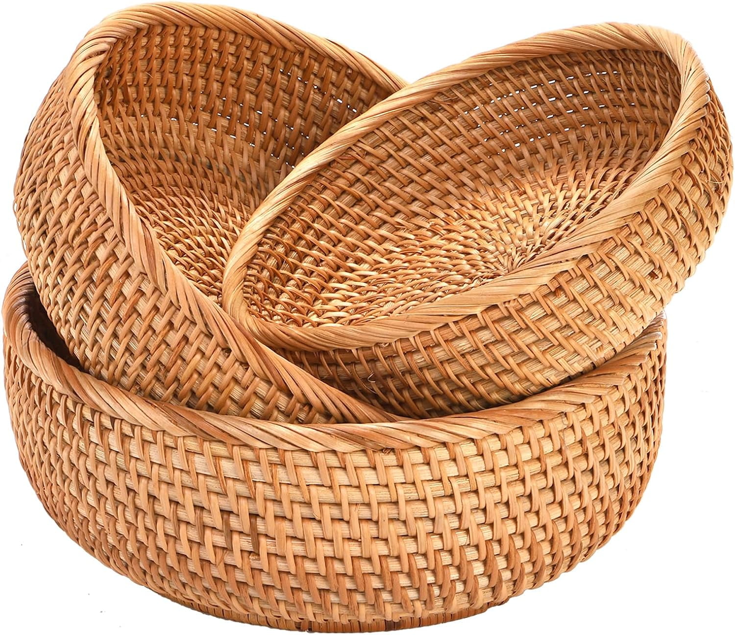 3 Pack Round Rattan Fruits Bread Baskets, Vintage Hand-woven Wicker ...