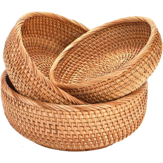 3 Pack Round Rattan Fruits Bread Baskets, Vintage Hand-woven Wicker ...