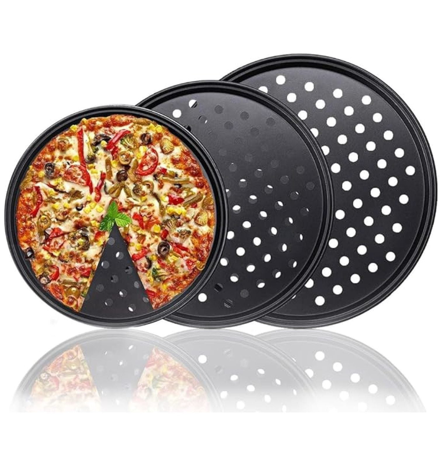 3 Pack Rounded Carbon Steel Pizza Pan with Holes Non-Stick Coating for ...