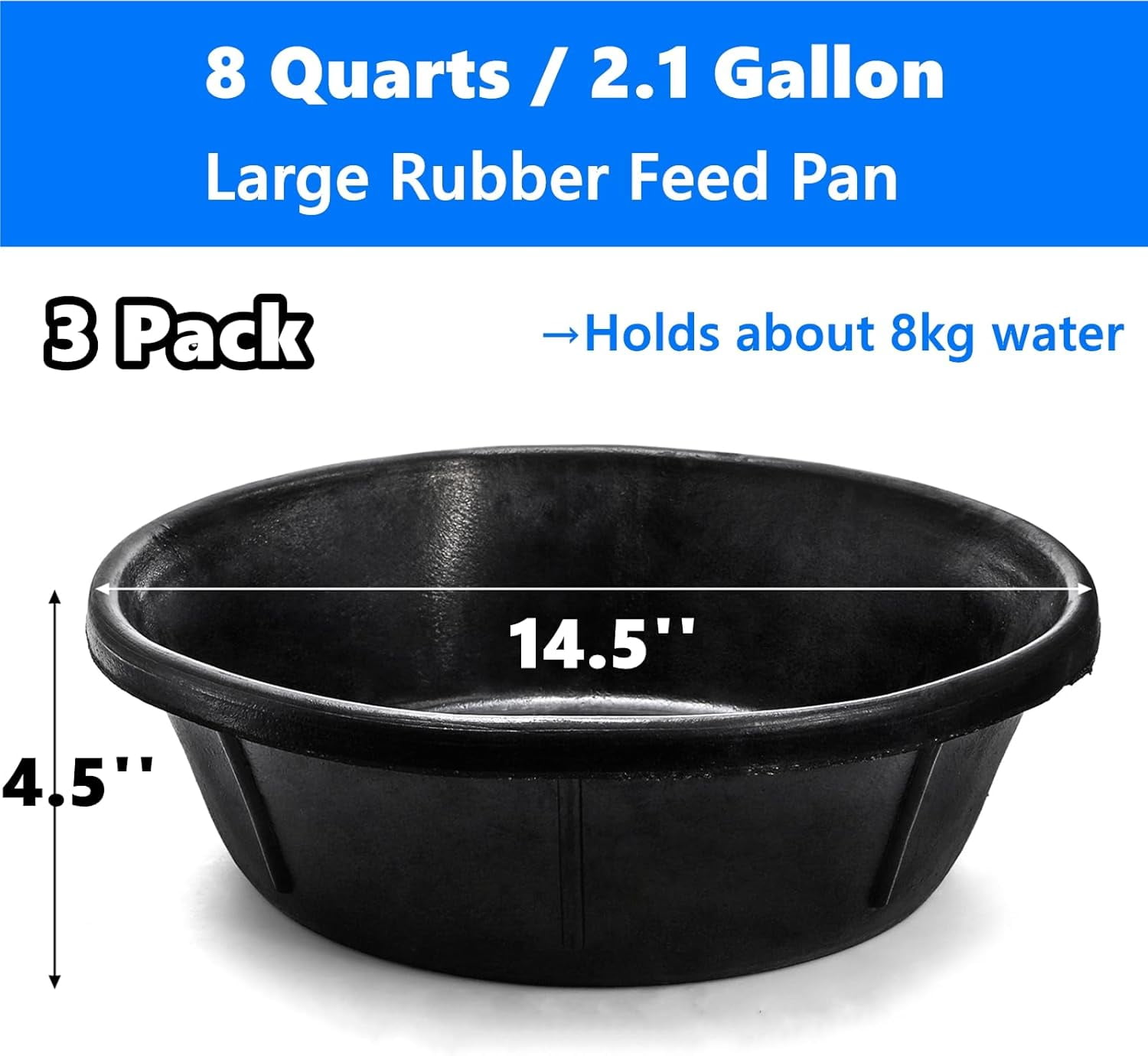 3 Pack Rubber Feed Pan, 8 Quart Large Feed Bucket, Heavy Duty Rubber ...