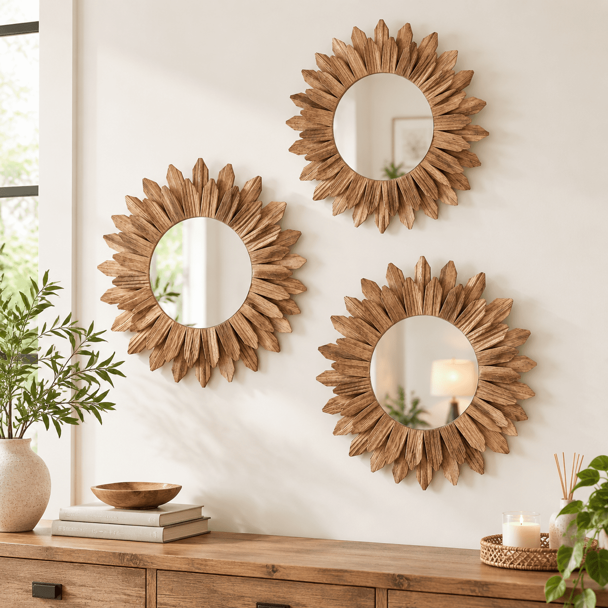3 Pack Rustic Round Wood Sunburst Wall Mirrors 12 Inch Boho Farmhouse ...