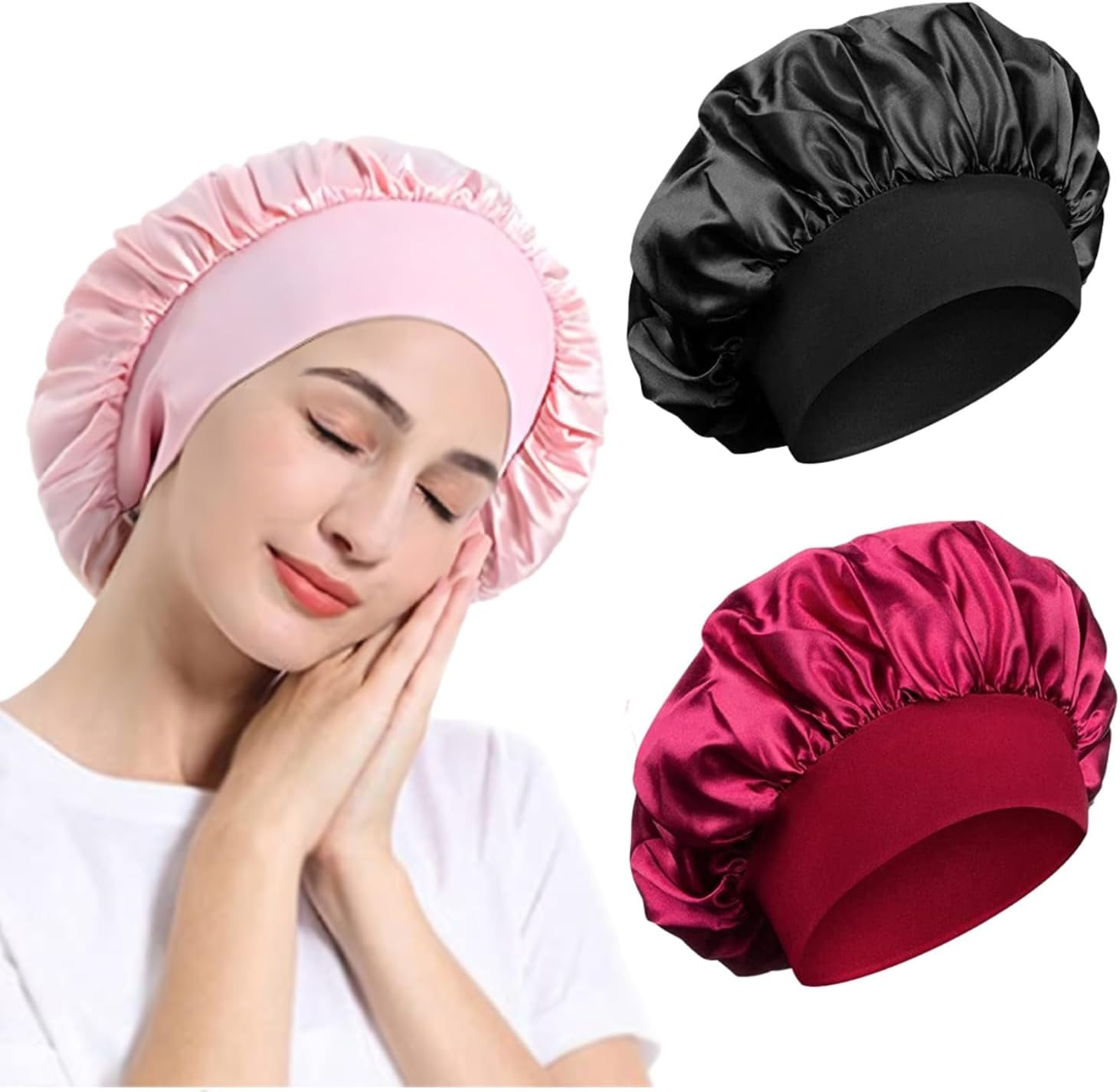 3 Pack Satin Bonnet, Night Sleep Caps with Wide Elastic Band, Silk Wrap ...