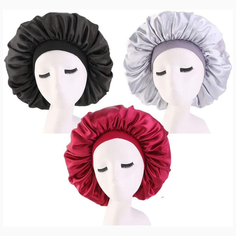 3 Pack Satin Silk Bonnet Sleep Cap Extra Large Jumbo Day and Night Cap ...