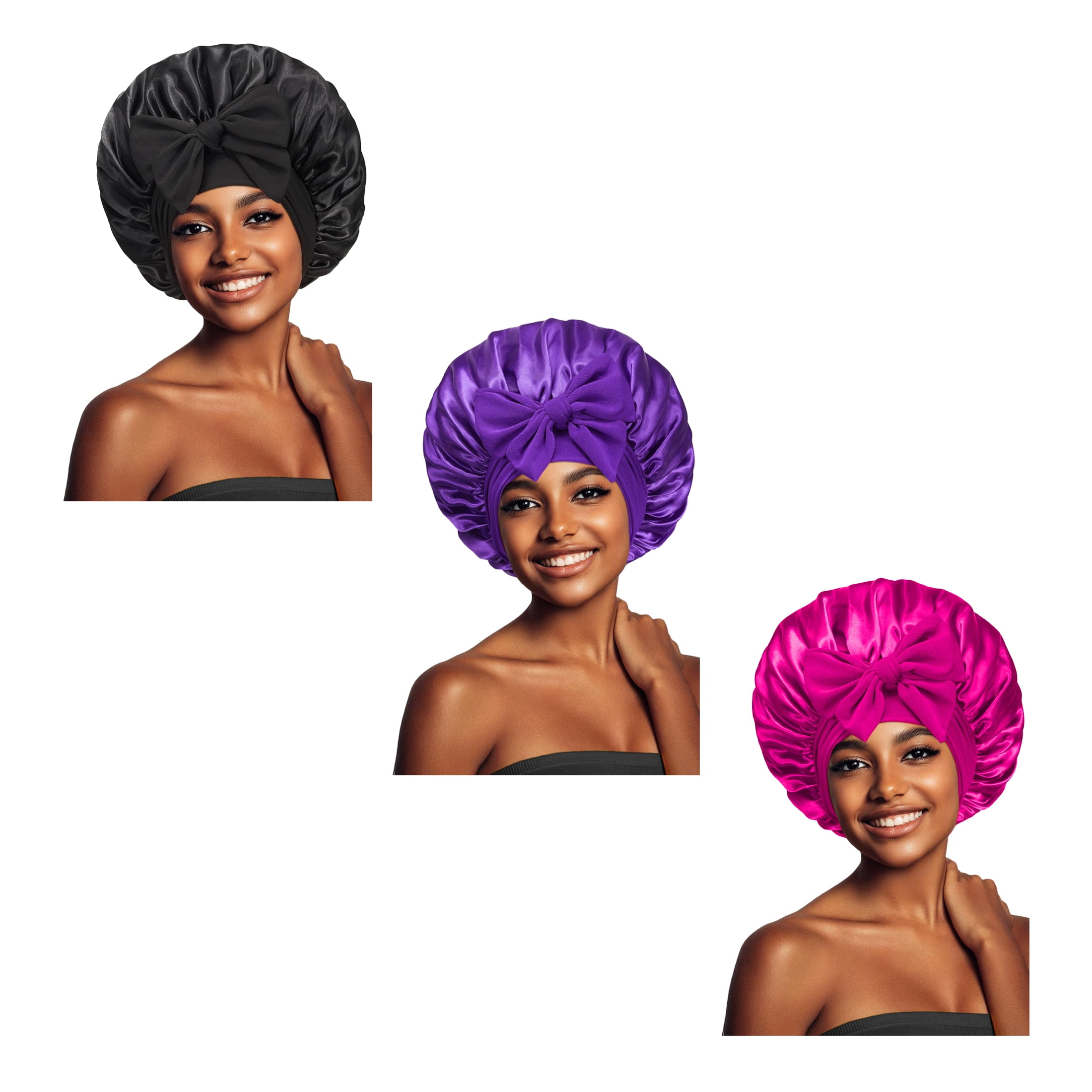 3-Pack Satin Sleep Bonnet for Women – Non-Slip Silk Hair Bonnets with Extra-Wide Stretch Band ...