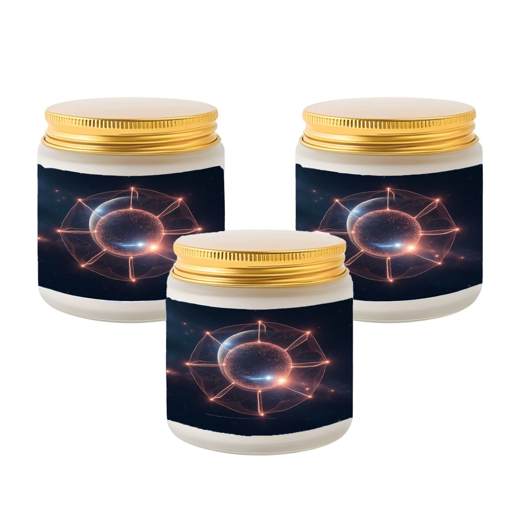 3 Pack Scented Soy Wax Candles - Elegant White Cylinders with Golden Lids Featuring Abstract ...