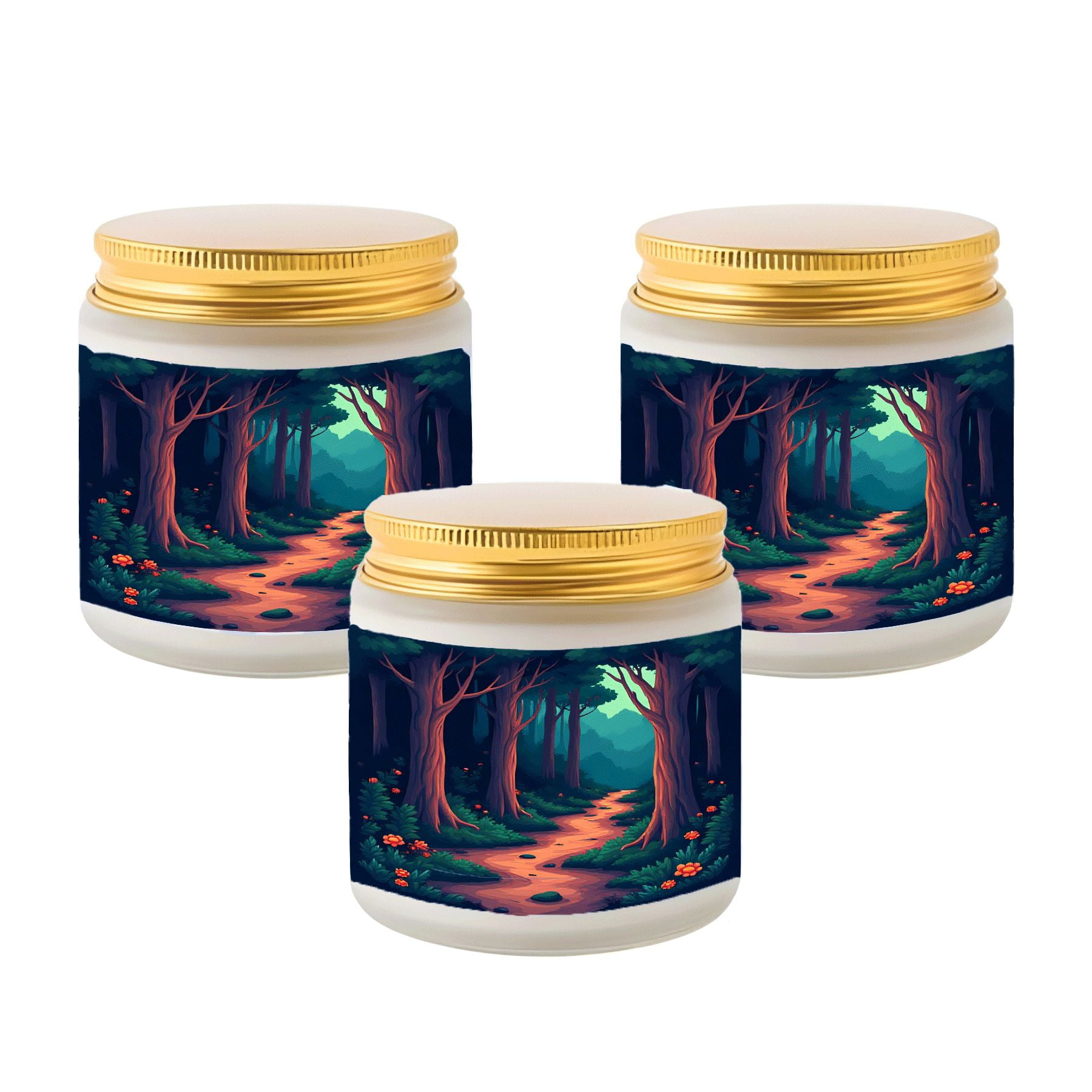 3 Pack Scented Soy Wax Candles - Forest Scene Design with Golden Lid ...