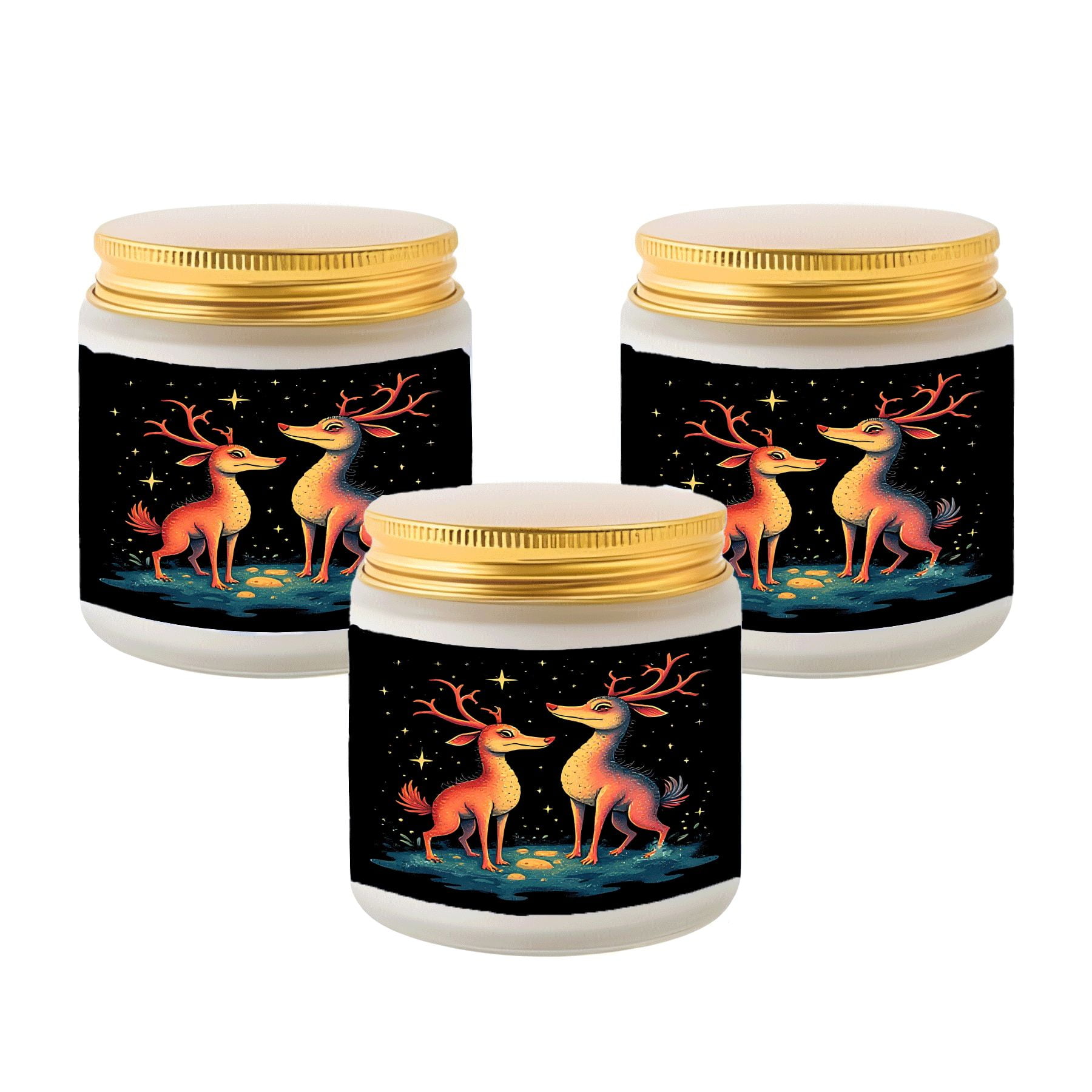 3 Pack Scented Soy Wax Candles - Vibrant Deer Design with Golden Lid ...