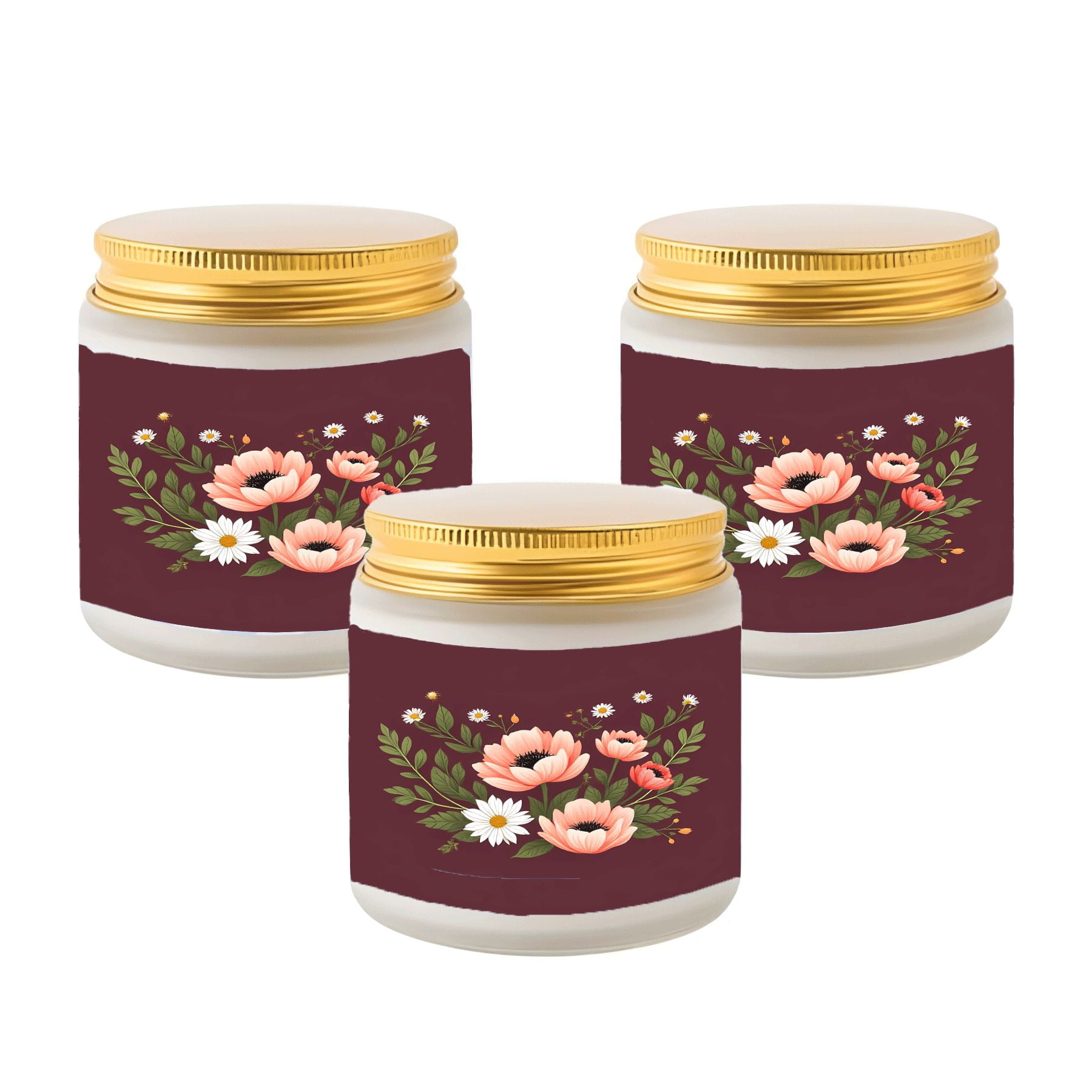 3 Pack Scented Soy Wax Candles in Elegant Glass Jars with Floral Maroon ...