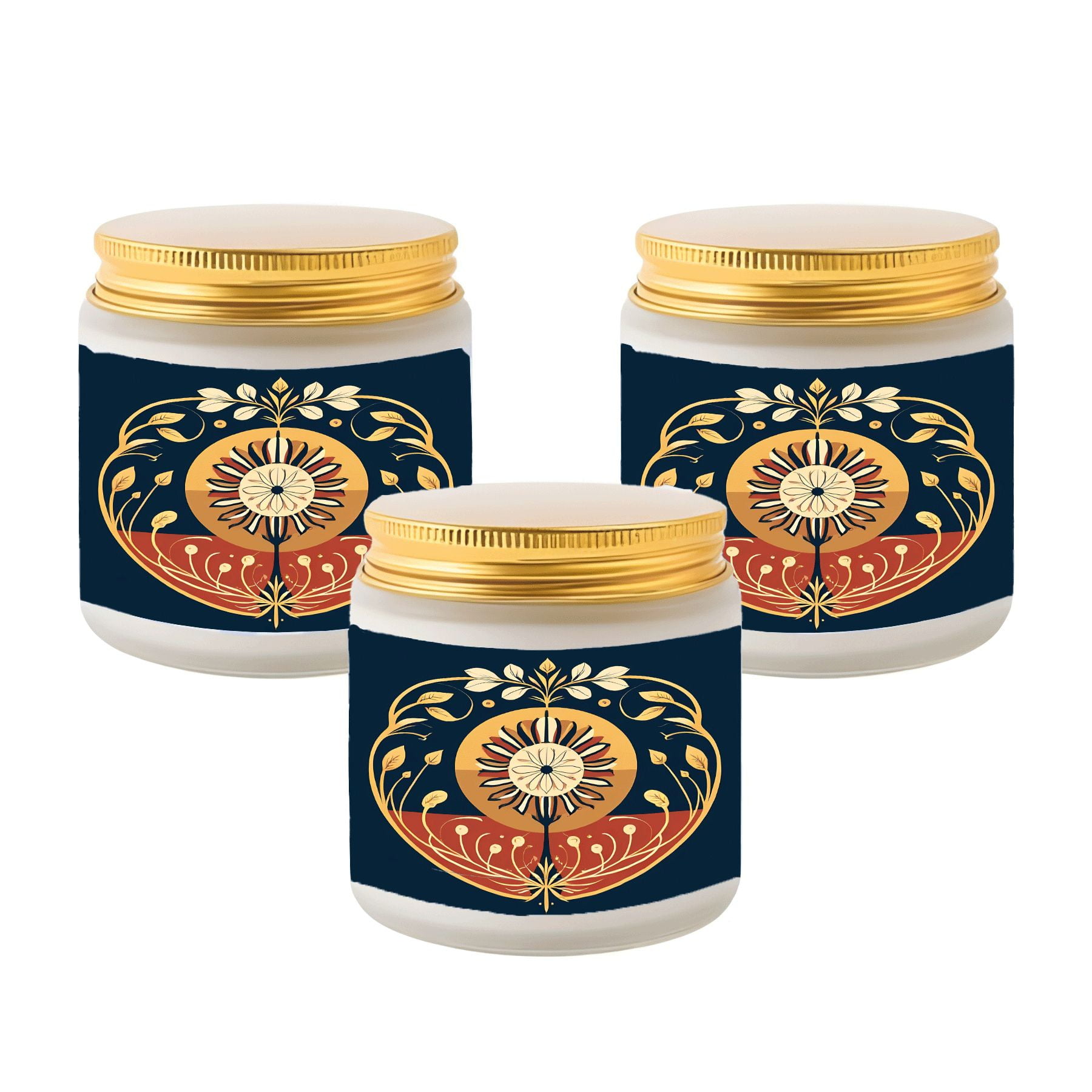 3 Pack Scented Soy Wax Candles with Elegant Gold & Dark Blue Floral ...