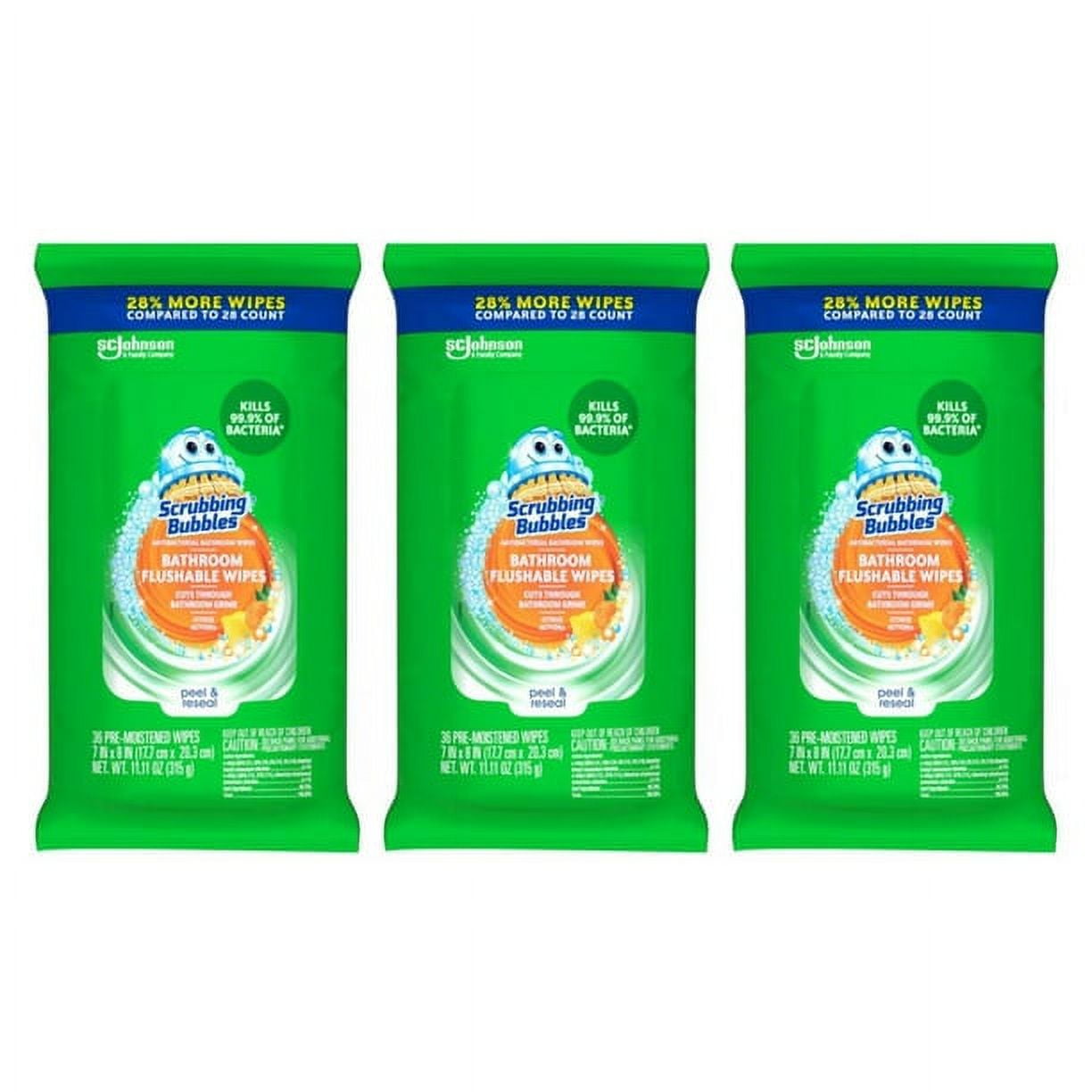 Scrubbing Bubbles Antibacterial Bathroom Flushable Wipes, 36 CT, 3-Pack ...