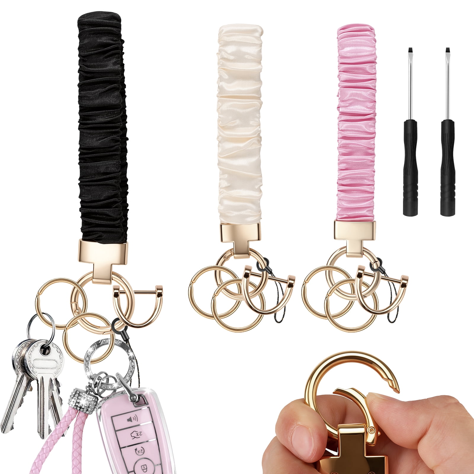 3 Pack Scrunchie Keychain Wristlet Stretchy Satin Car Key Holder with ...