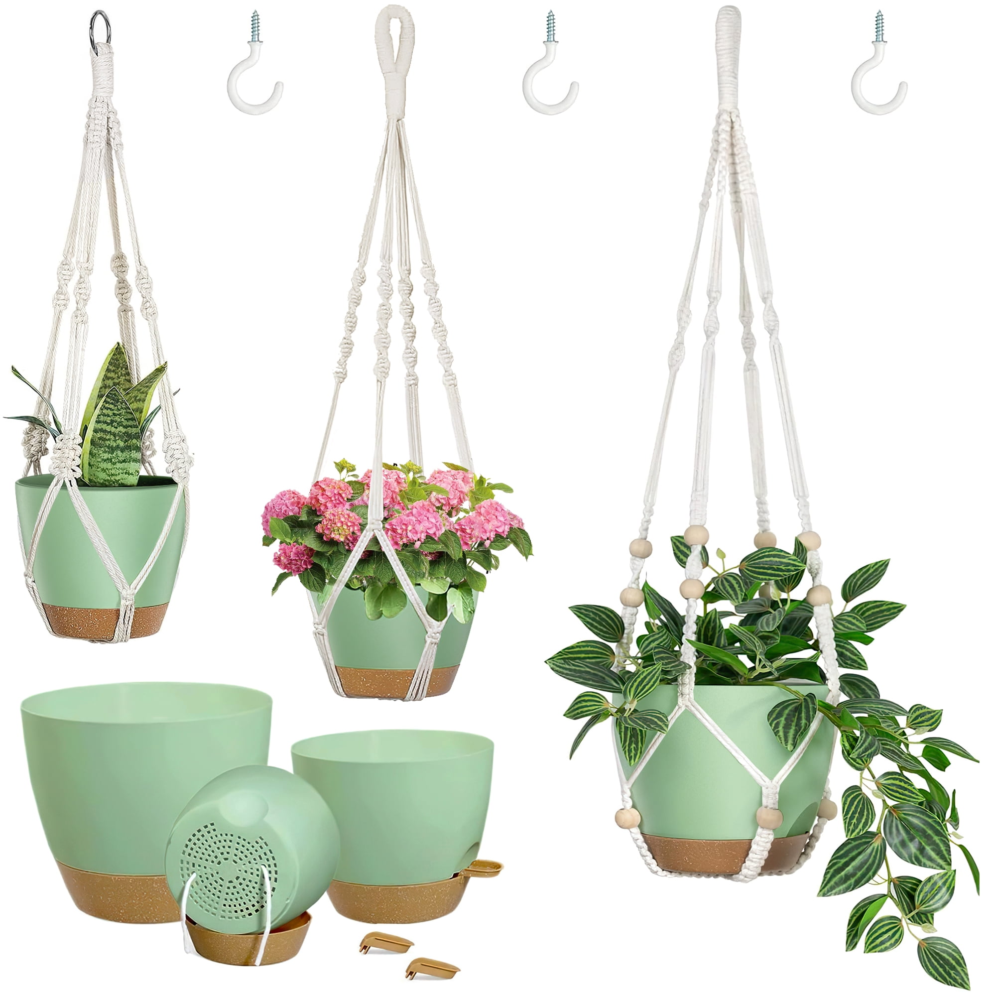 3-Pack Self Watering Hanging Plant Pots with Macrame Hangers, Plastic ...