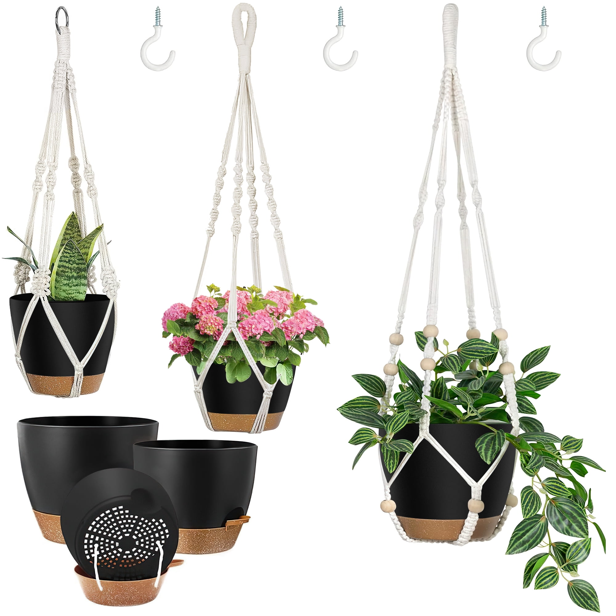 3-Pack Self Watering Hanging Plant Pots with Macrame Hangers, Plastic ...