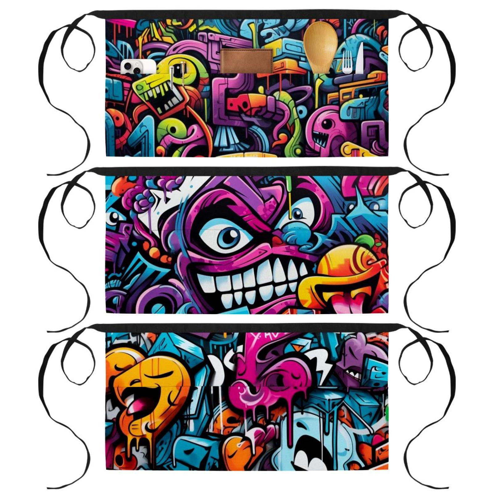 3 Pack Server Aprons with 3 Pockets, Doodle Waitress Waiter Apron ...