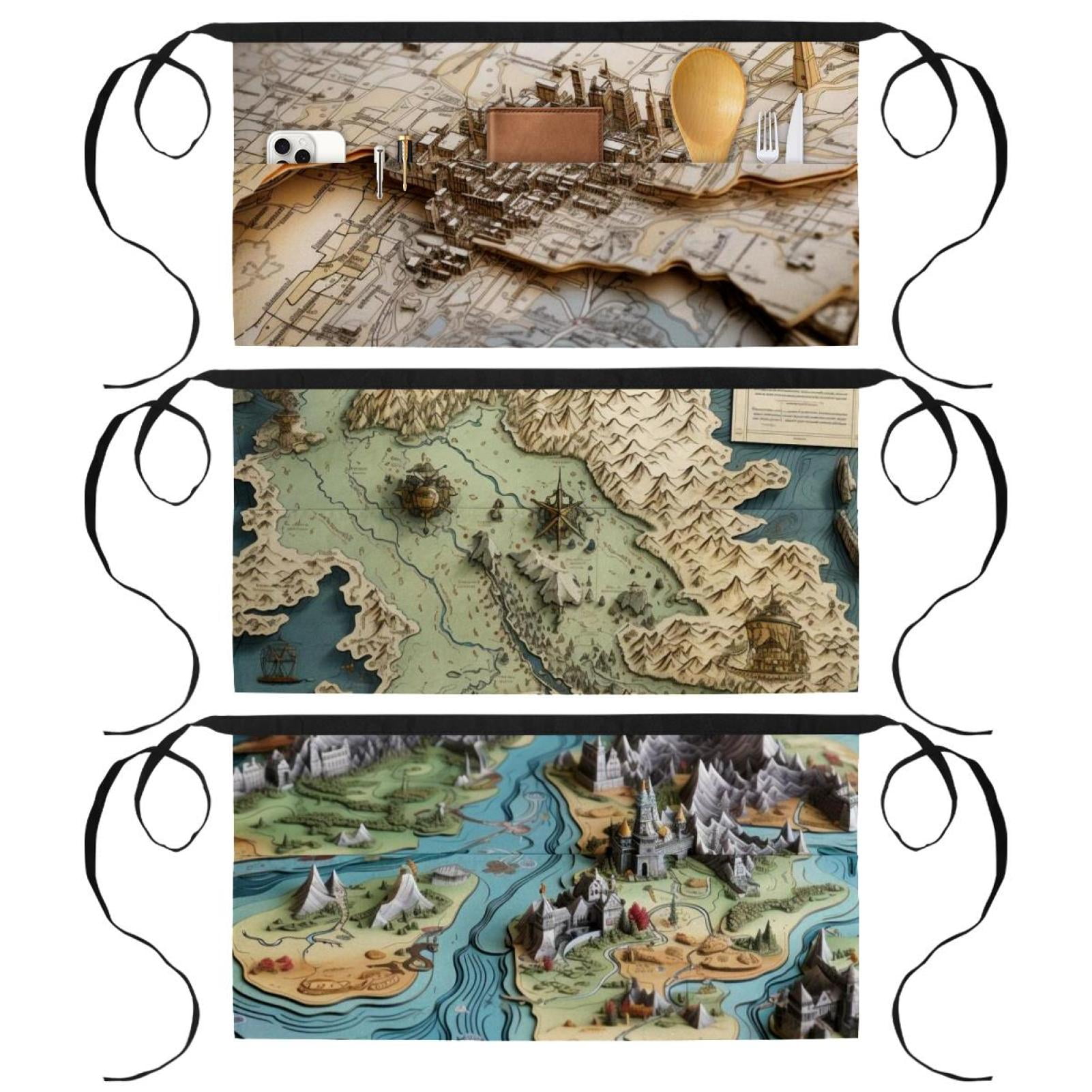 3 Pack Server Aprons with 3 Pockets, Map Block Waitress Waiter Apron ...