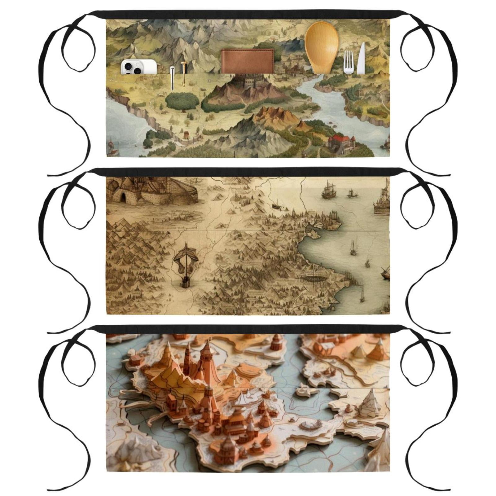 3 Pack Server Aprons with 3 Pockets, Map Block Waitress Waiter Apron ...