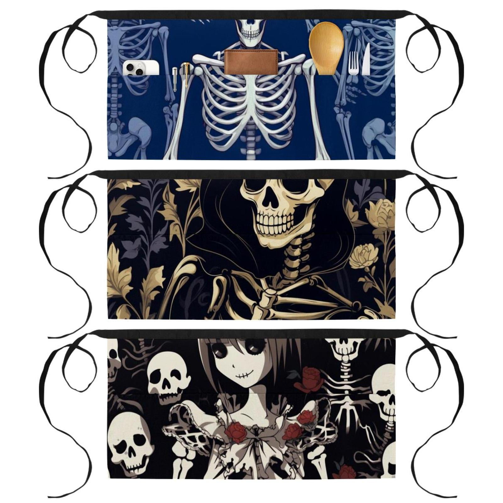 3 Pack Server Aprons with 3 Pockets, Skeleton Waitress Waiter Apron ...