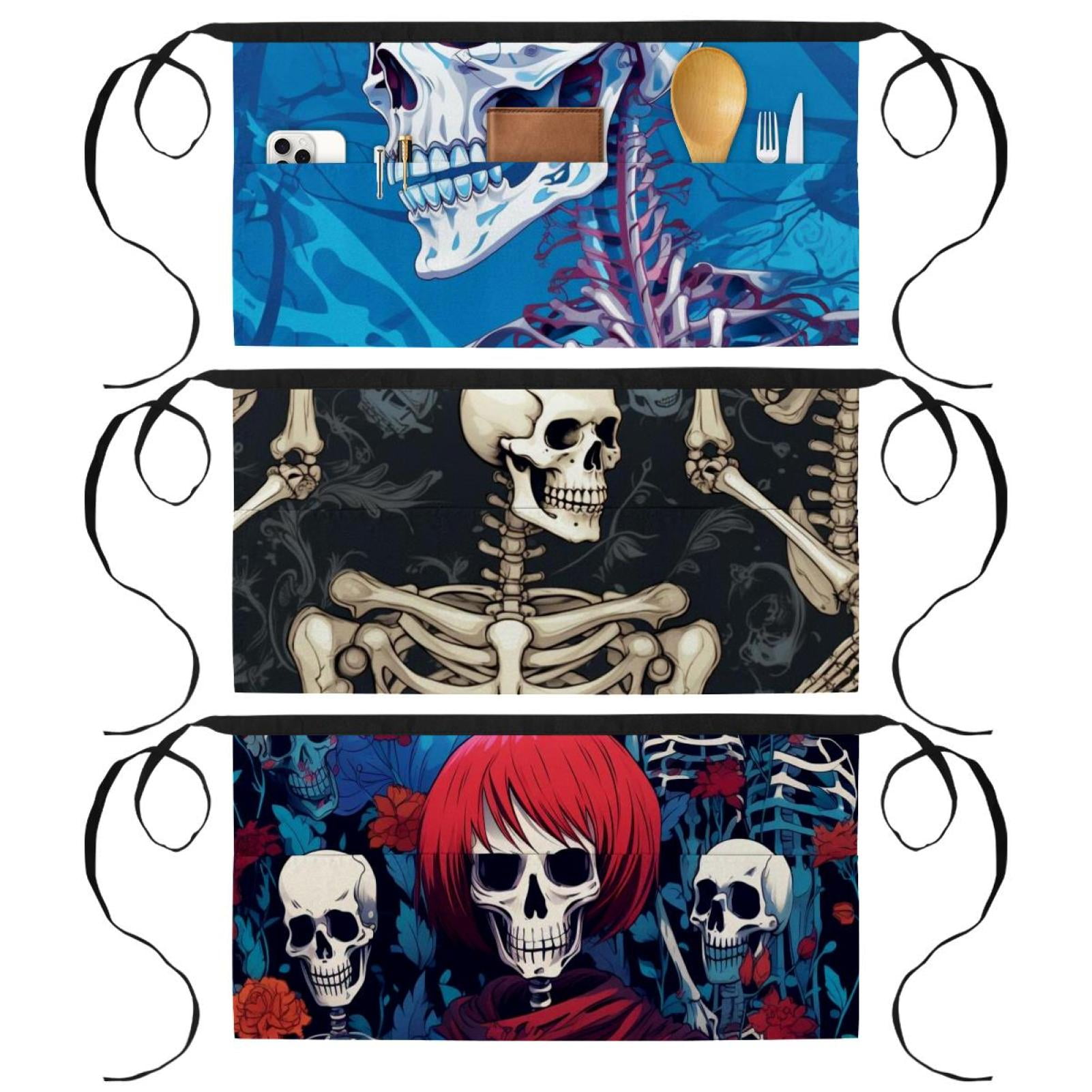3 Pack Server Aprons with 3 Pockets, Skeleton Waitress Waiter Apron ...