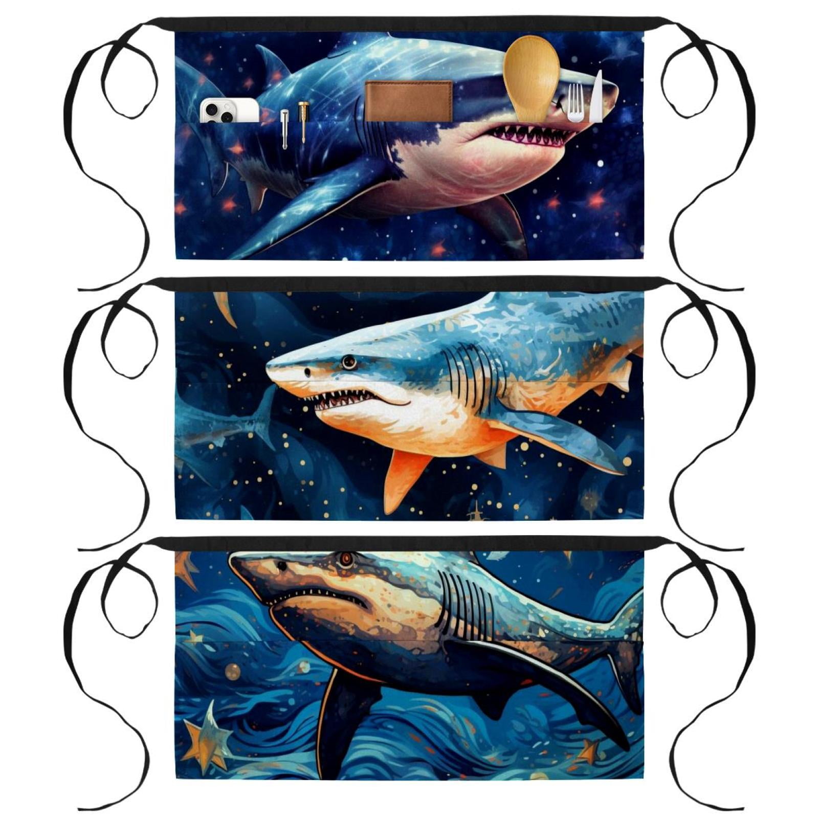 3 Pack Server Aprons with 3 Pockets, Starry Sky Shark Waitress Waiter ...