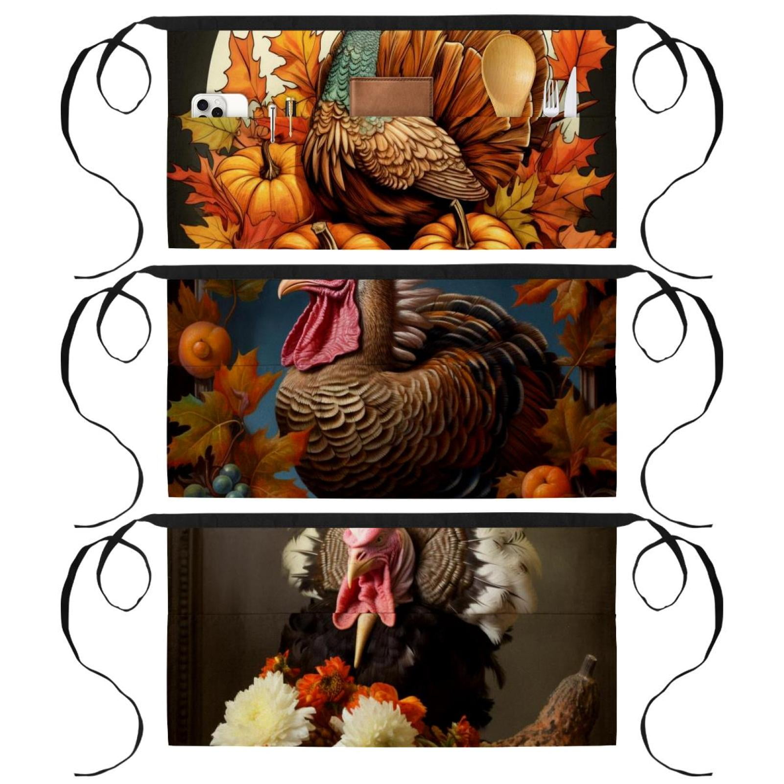 3 Pack Server Aprons with 3 Pockets, Thanksgiving Turkey Waitress ...