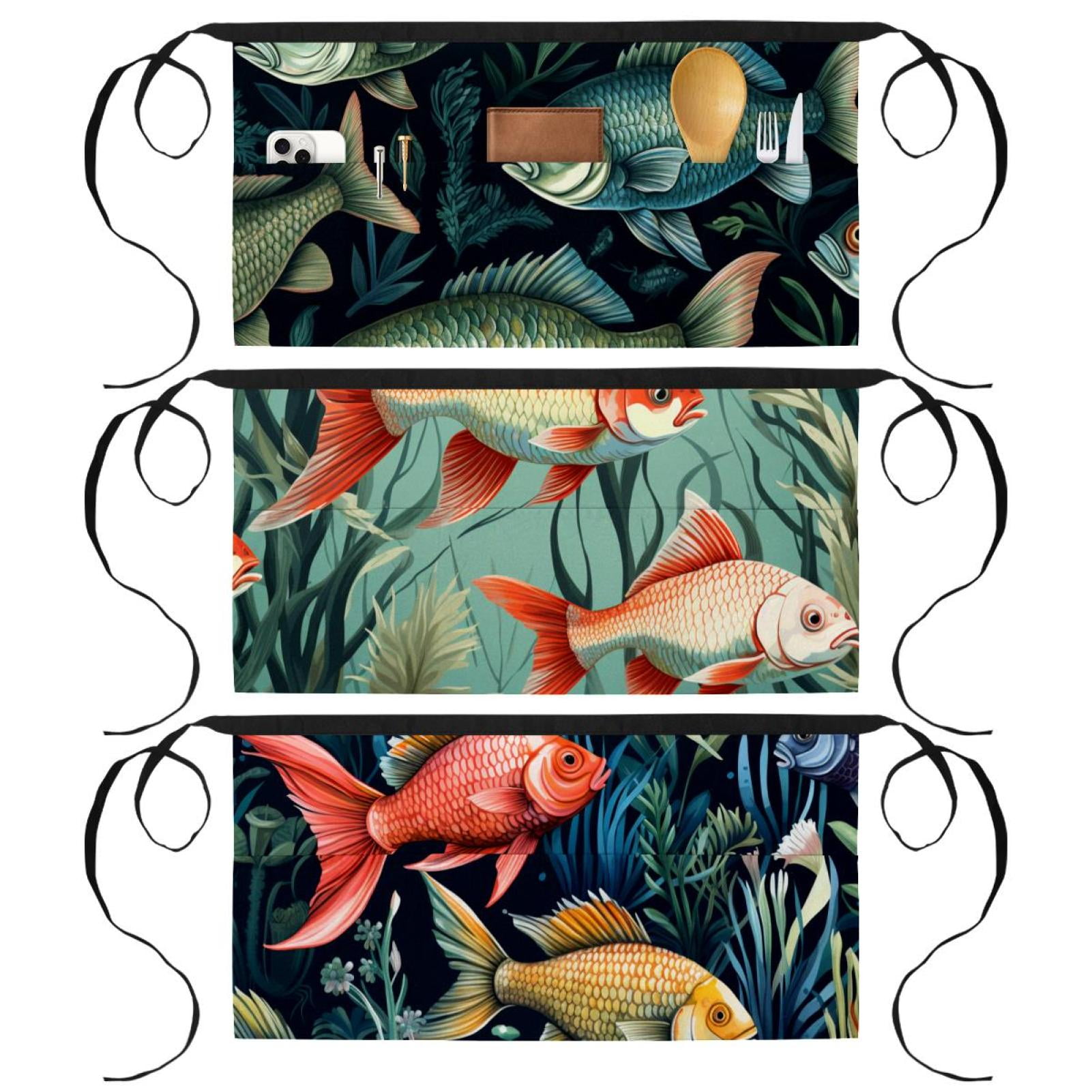 3 Pack Server Aprons with 3 Pockets, Waitress Waiter Waist Apron, Fish ...