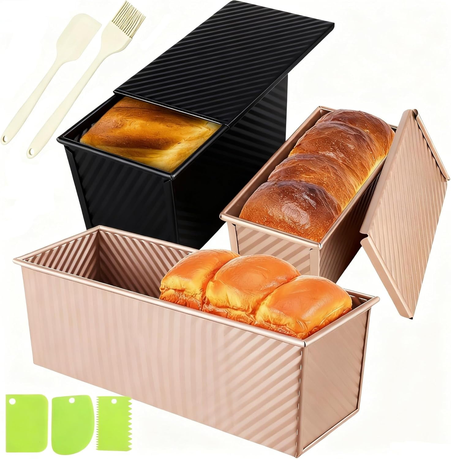 3 Pack Set Pullman Loaf Pan with Lids, 2.2 & 1 & 0.8 Dough Capacity,Non ...