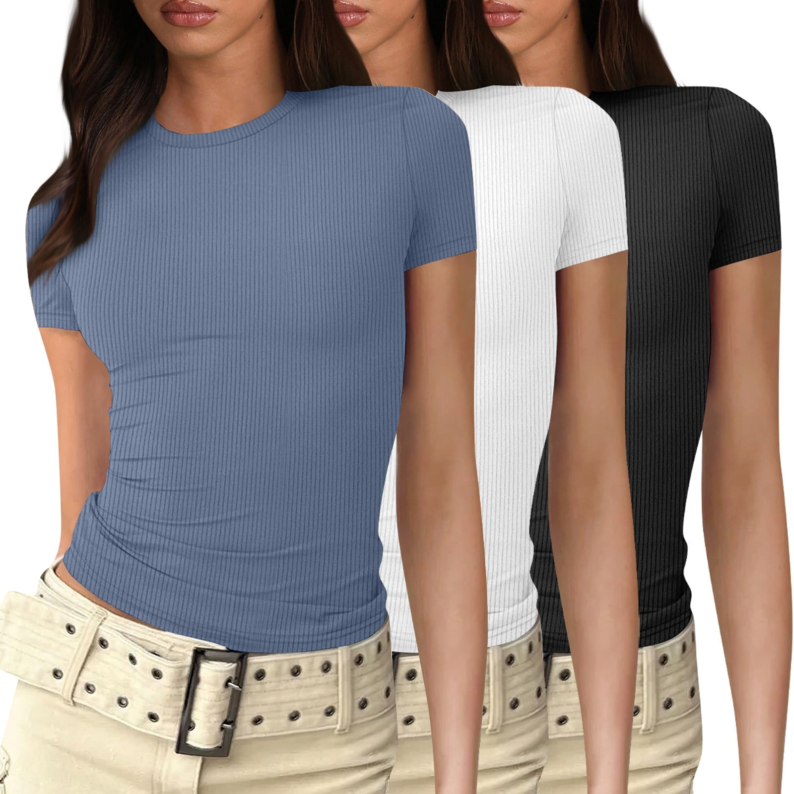3 Pack Short Sleeve Crop Tops For Women Y2k Layering Fashion Tight ...