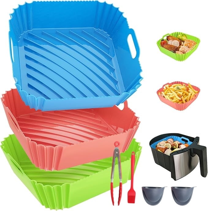 3 Pack, Silicone Air Fryer Basket Round Silicone Mat Oven Baking Tray ...