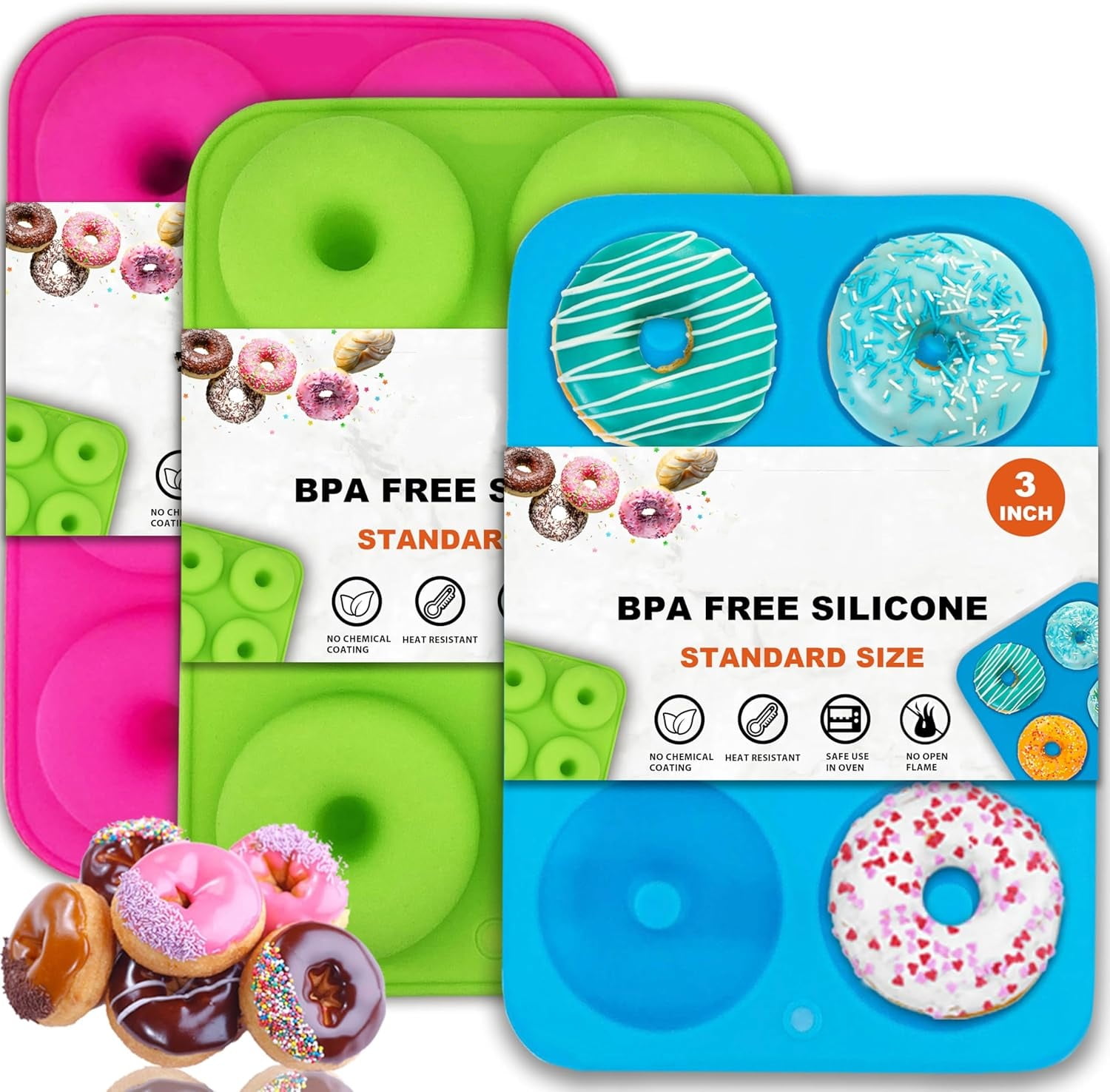 3-Pack Silicone Donut Baking Pan Set - Non-Stick 6-Cavity Mold for ...