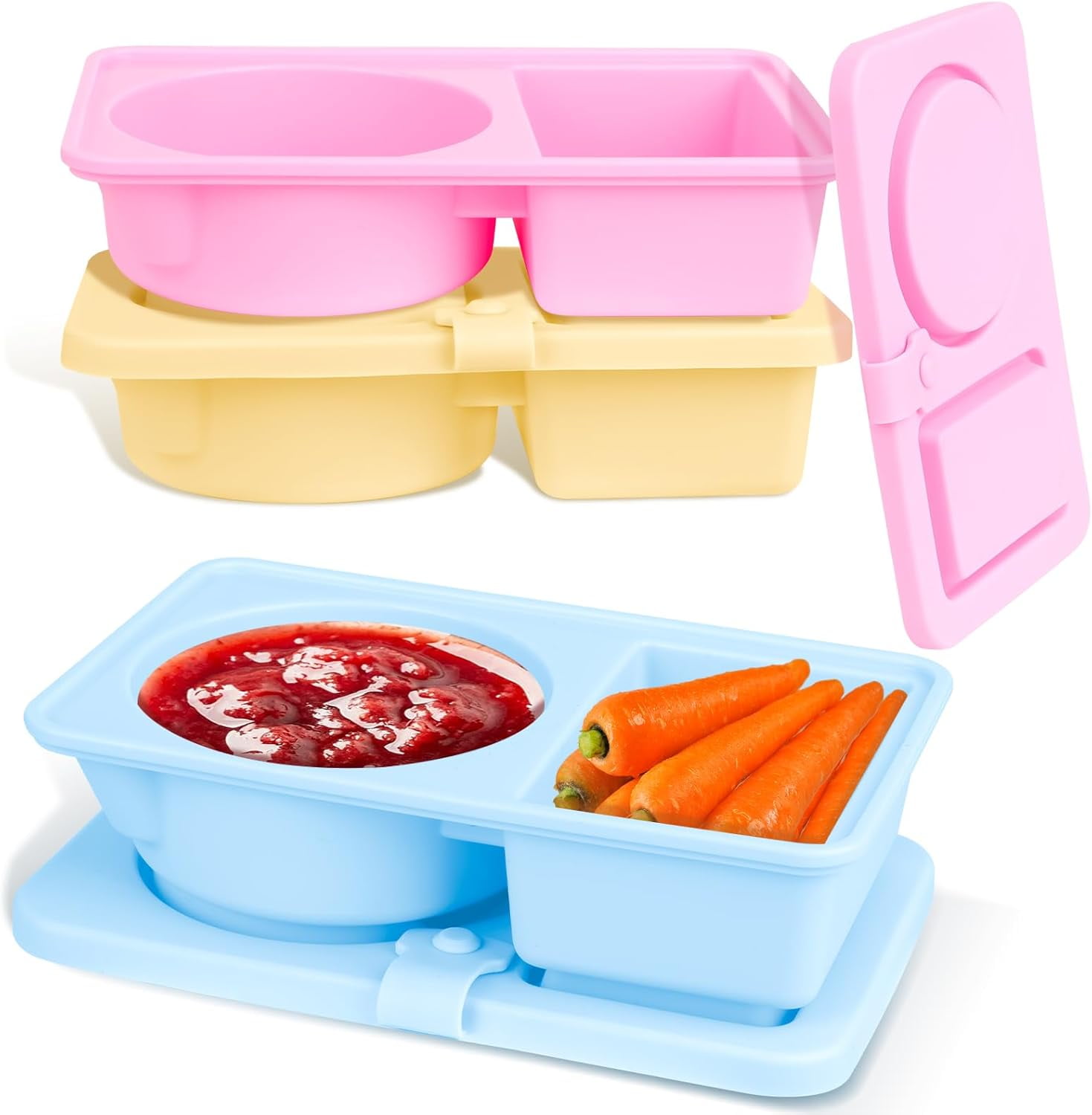 3 Pack Silicone Reusable Snack Containers With Lids, Double Compartment ...