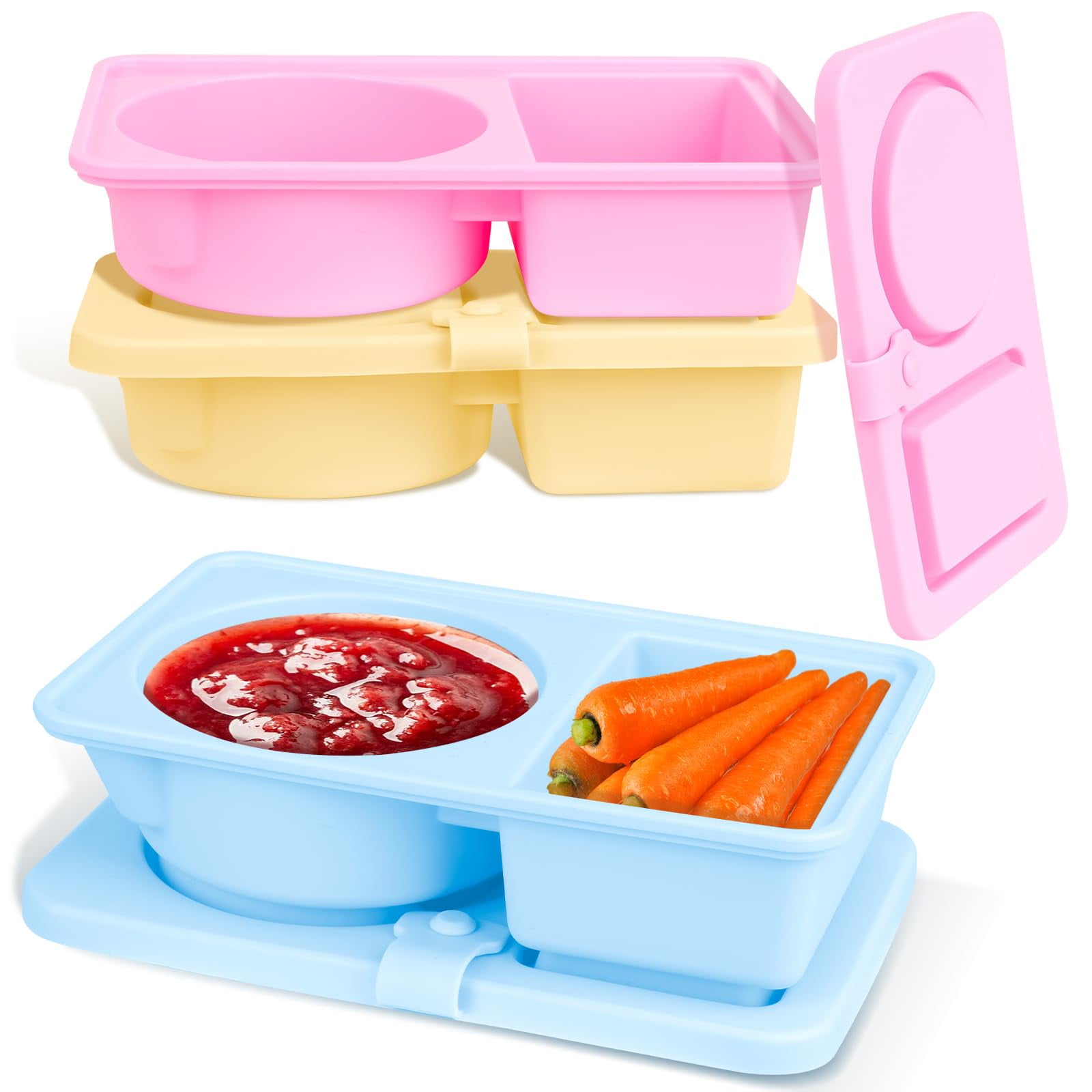 3 Pack Silicone Reusable Snack Containers with Lids, Double Compartment ...