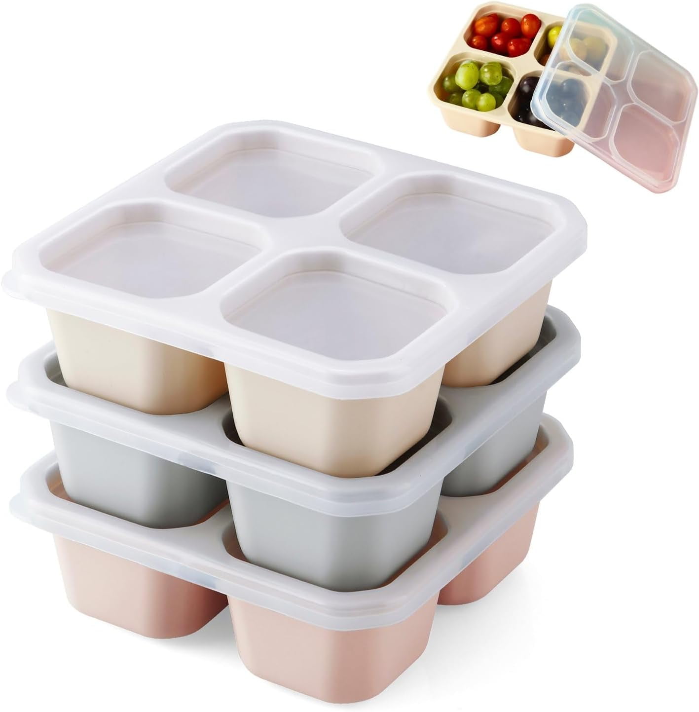 3 Snack Containers with 4 Compartment Bento Lunch Box for , Divided ...
