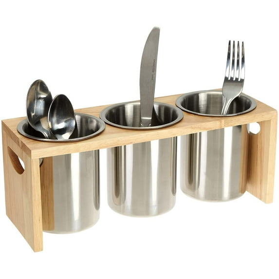 3 Pack Silverware Holder, Stainless Steel Utensil Organizer with Wood ...