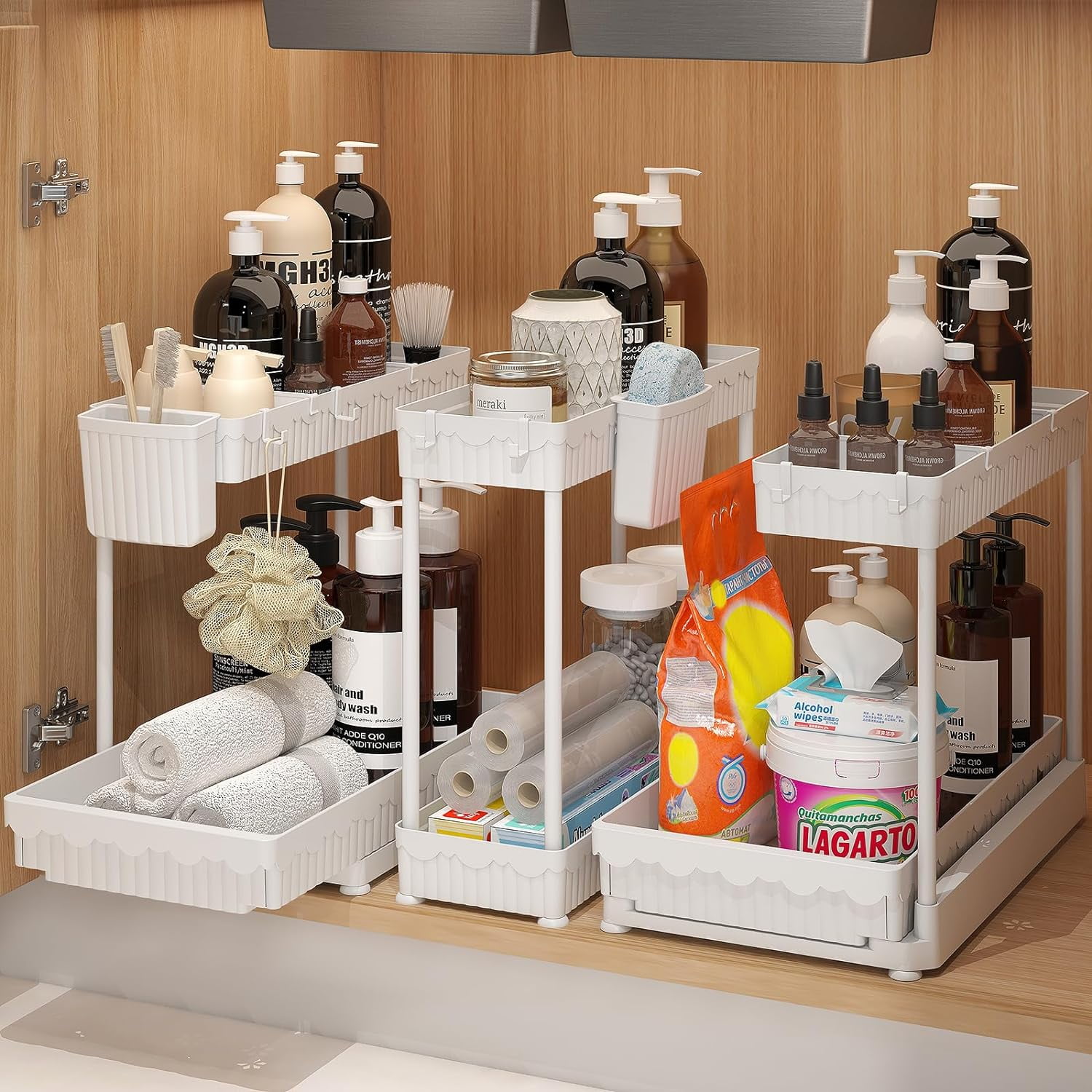 3 Pack Under Sink Organizers and Storage L-Shaped, 2 Tier Sliding ...