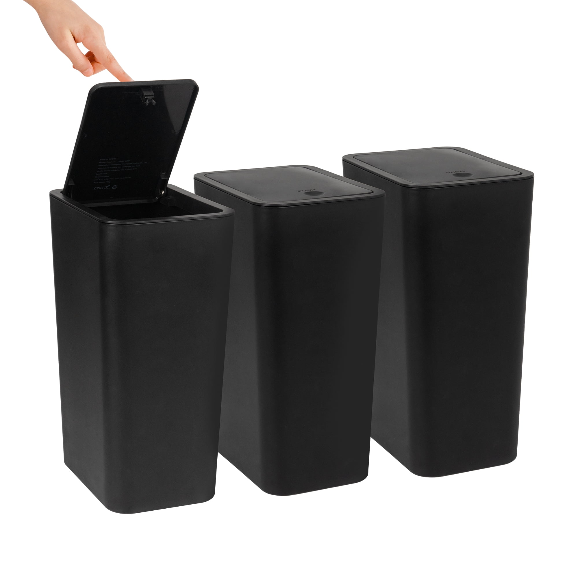 3 Pack Slim Plastic Trash Can, 2.6 Gallon Garbage Can with Press Top ...