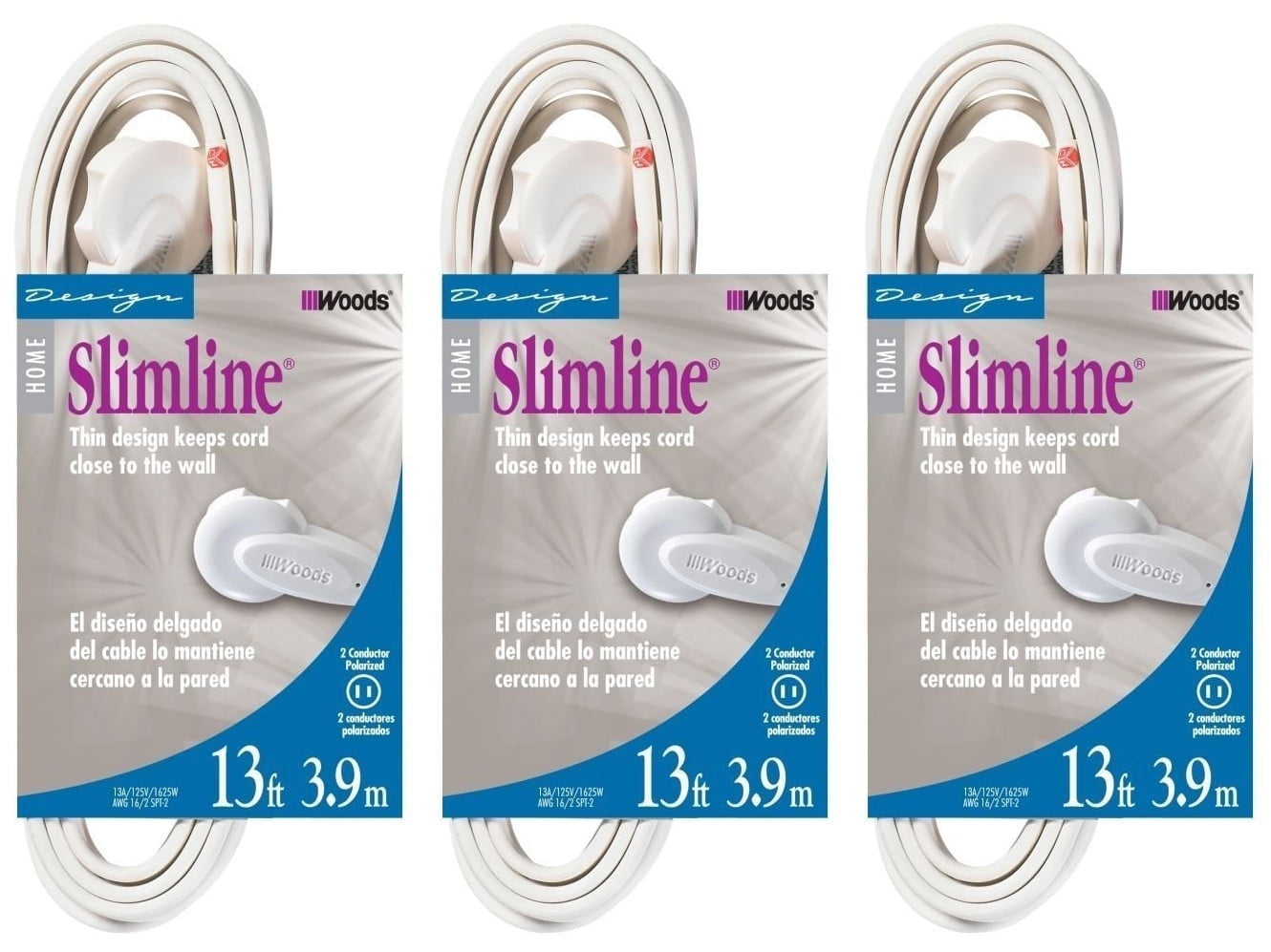3-Pack - SlimLine 2237 Flat Plug Extension Cord, 2-Wire, 13-Foot, White ...