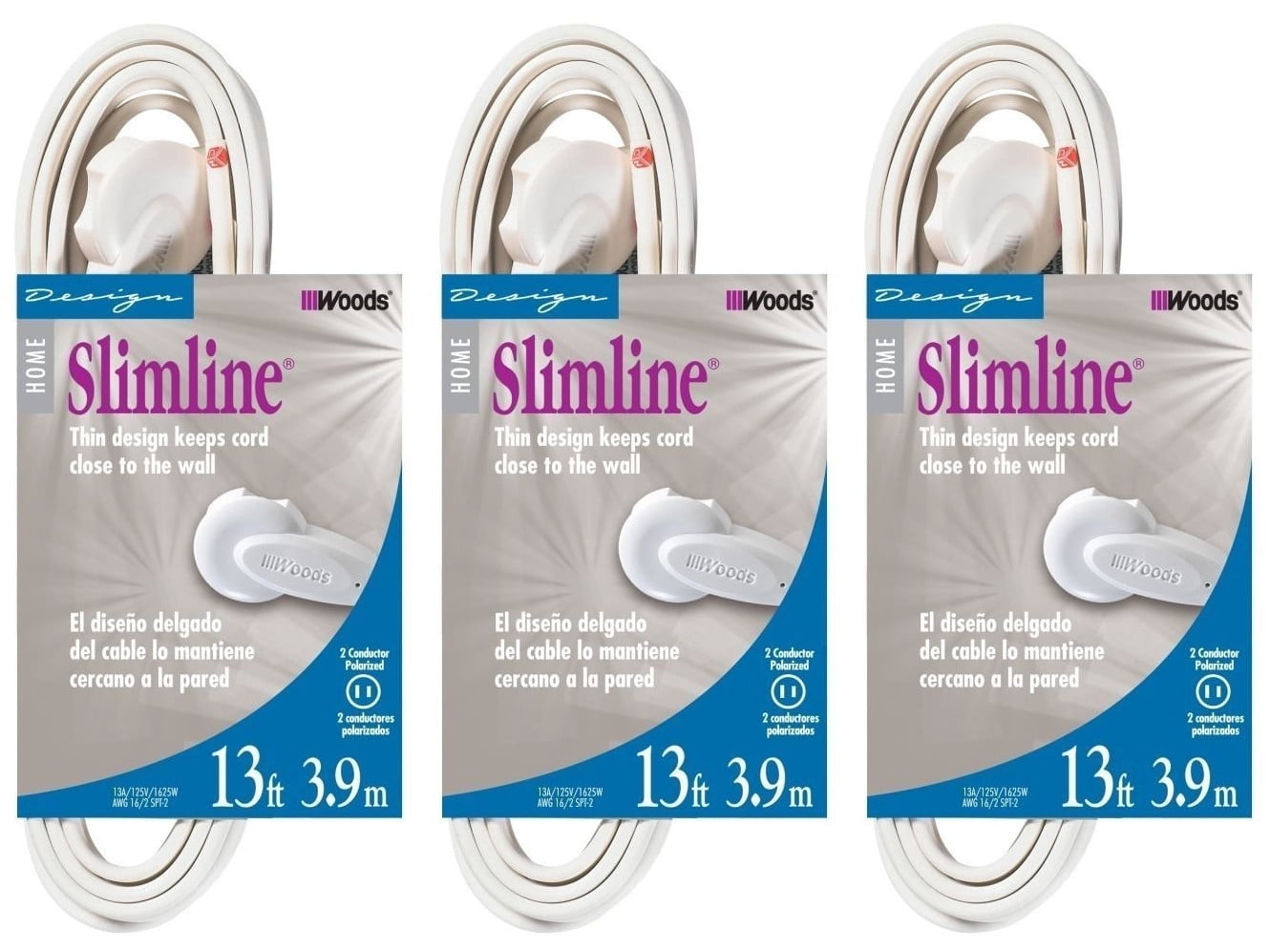 3-Pack - SlimLine 2237 Flat Plug Extension Cord, 2-Wire, 13-Foot, White ...