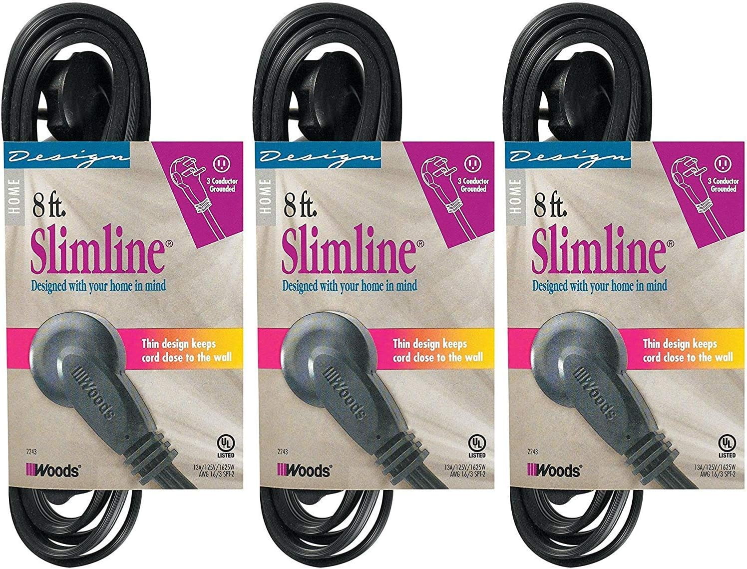 3-Pack - SlimLine 2243 Flat Plug 8-Foot Extension Cord, 3-Wire, Black ...